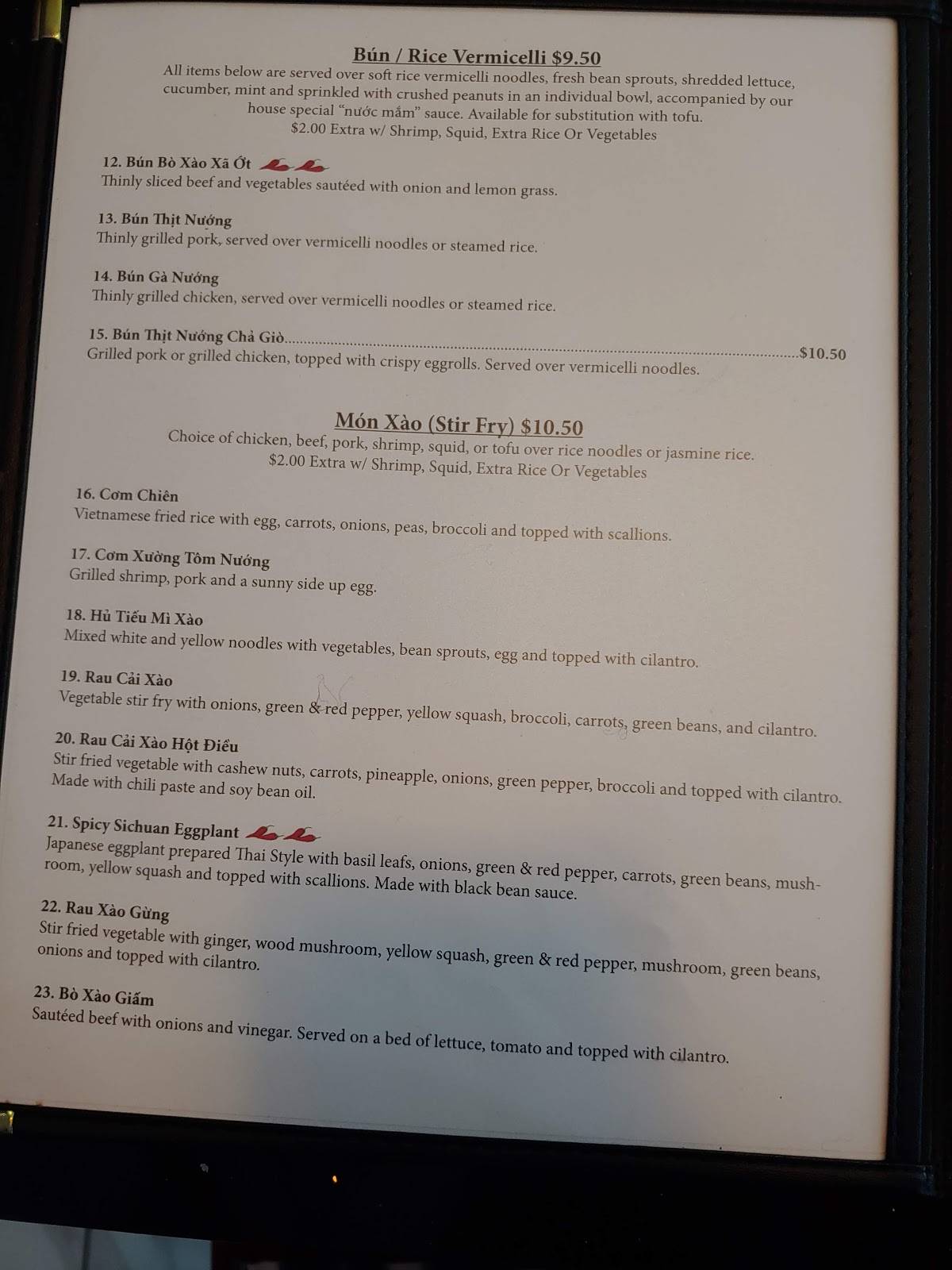 Menu at Pho Hong restaurant, Burlington