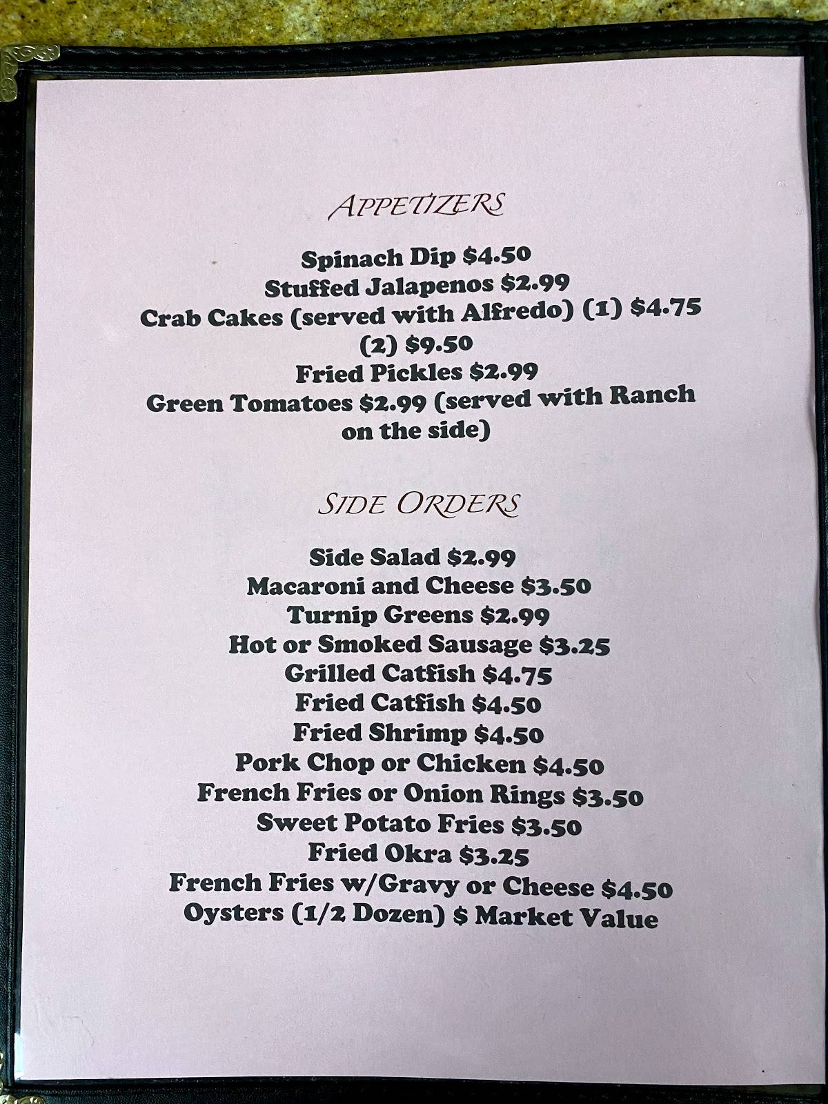 Menu at Two Sisters Creole Kitchen restaurant, Picayune