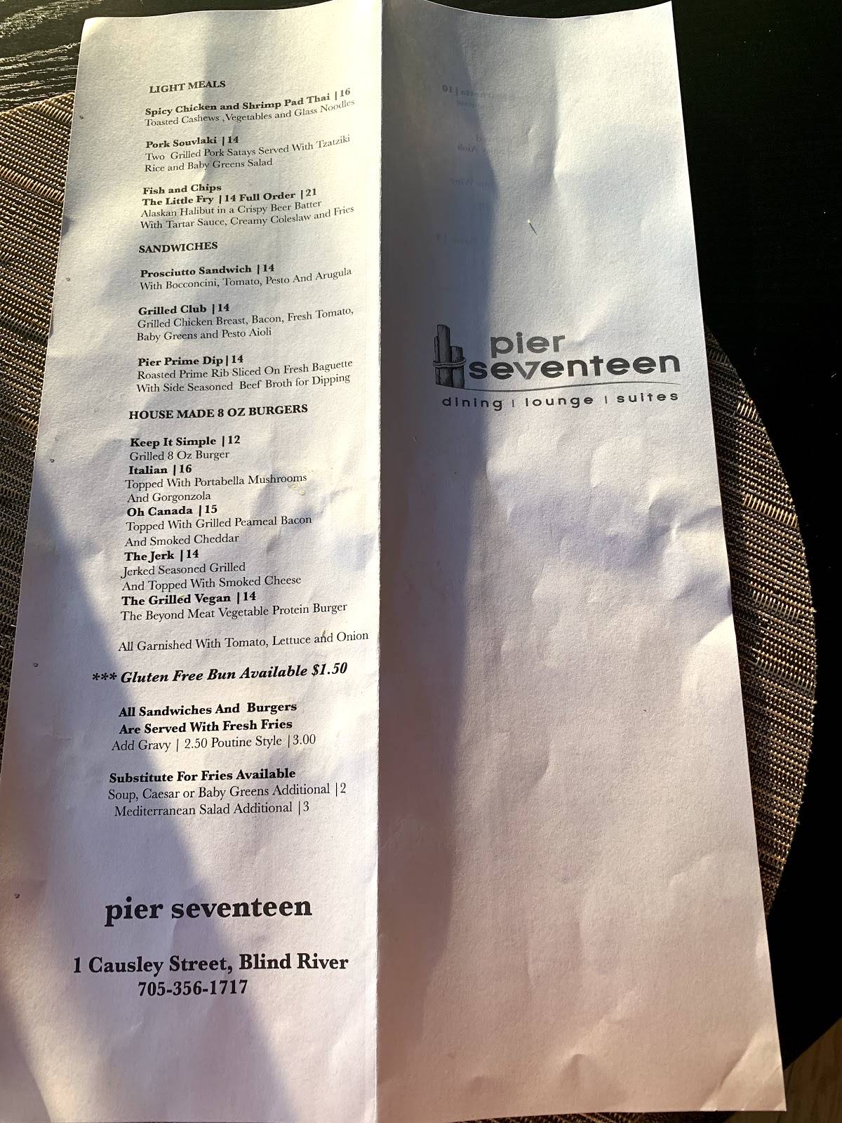 Menu at Pier Seventeen Hotel & The Pier Sports Bar, Blind River