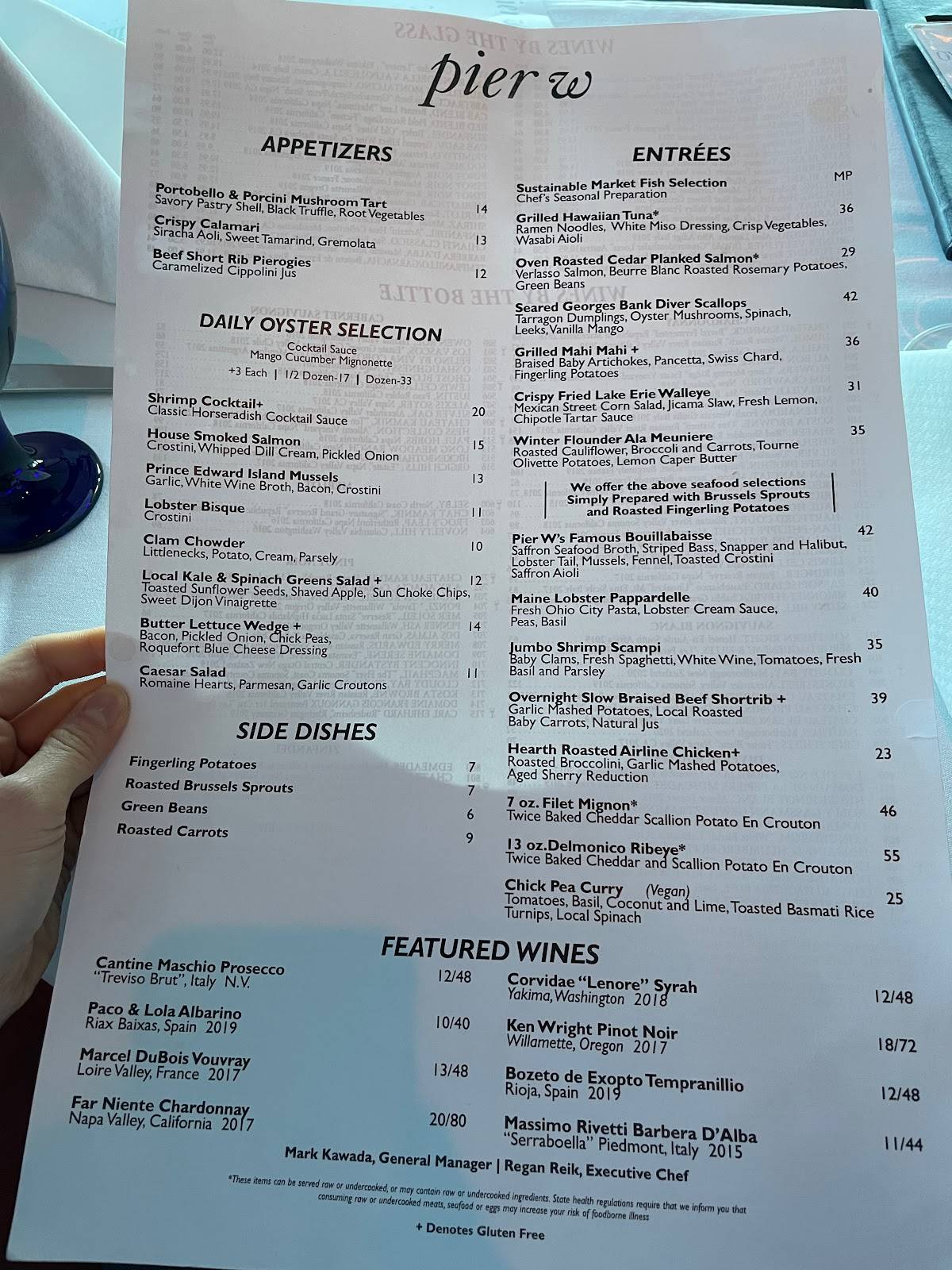Menu at Pier W restaurant, Lakewood