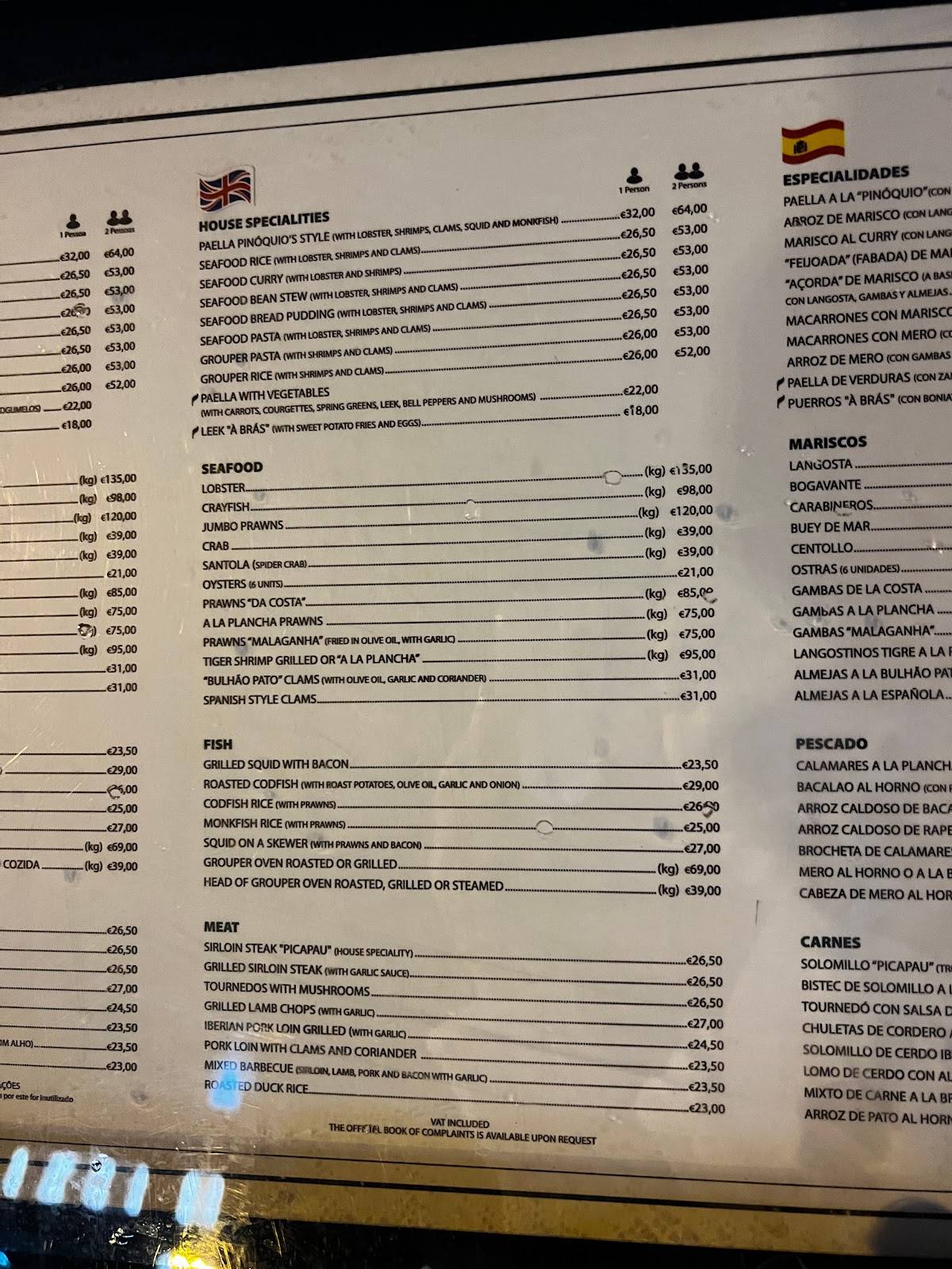 Menu at Pinóquio restaurant, Lisbon, Praça dos Restauradores 79 80