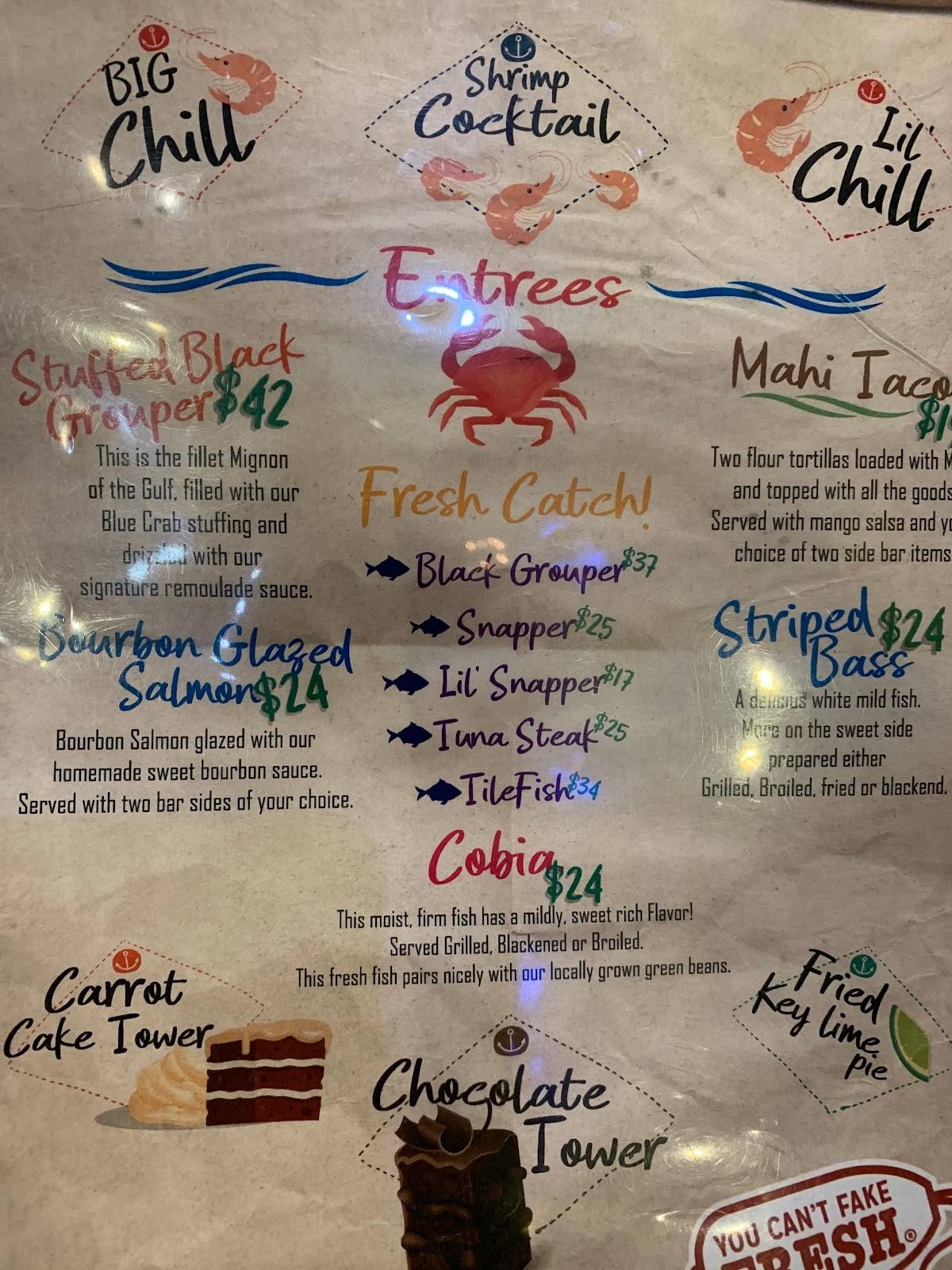 Menu at Pinchers restaurant, Venice, 900 Venetia Bay Blvd