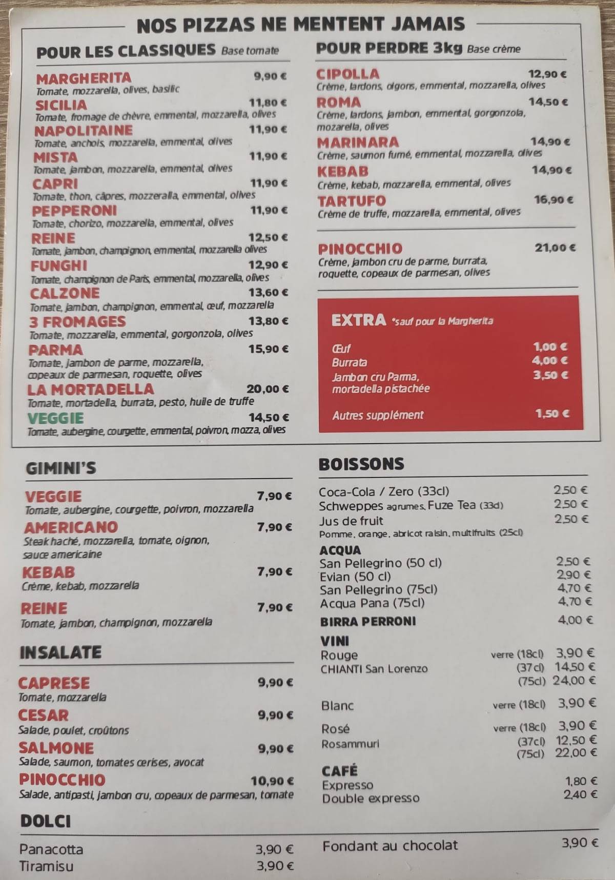 Menu au Pinocchio Pizza pizzeria, Limonest