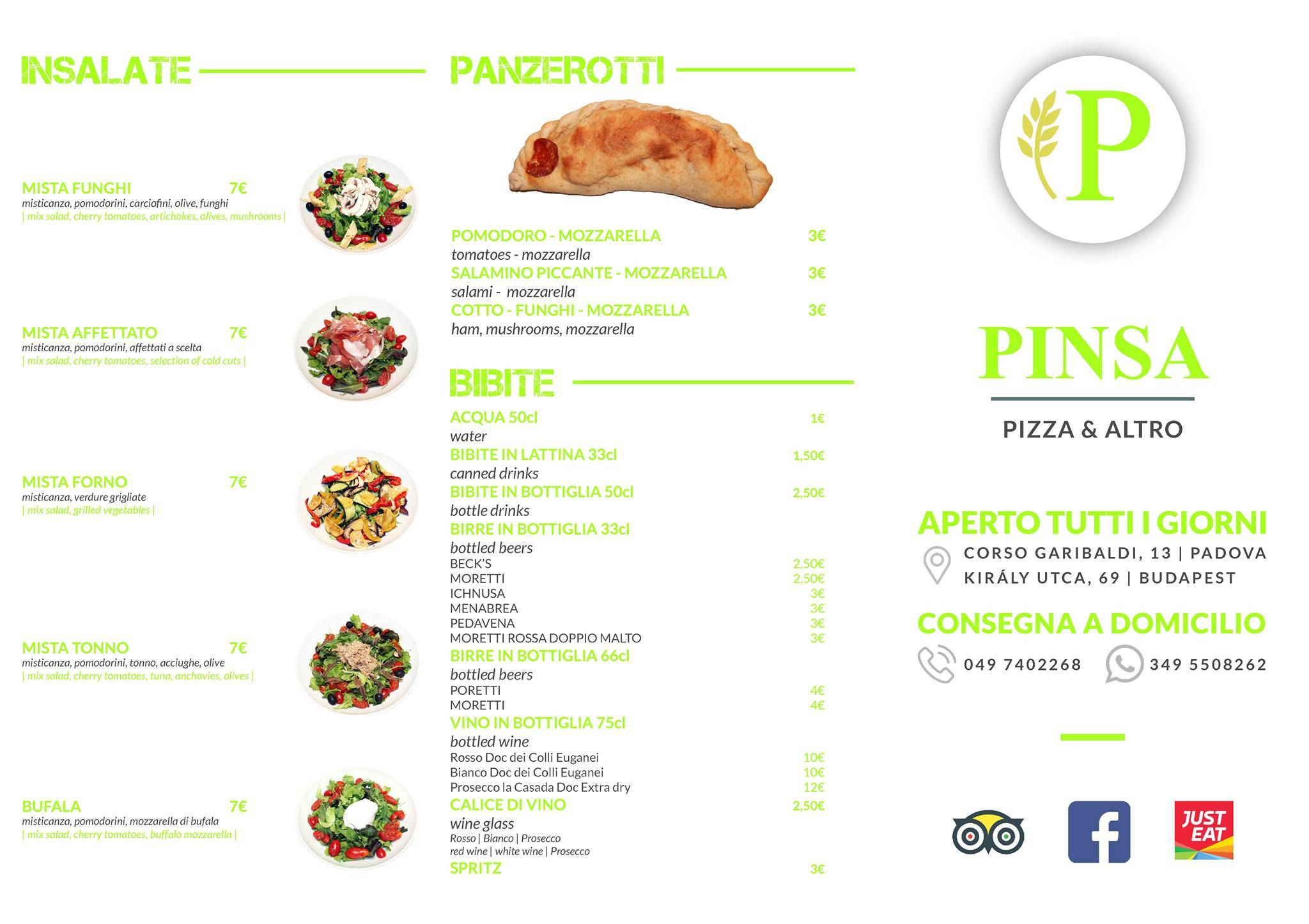 Speisekarte von Pinsa Pizzeria, Padua, Corso Giuseppe Garibaldi