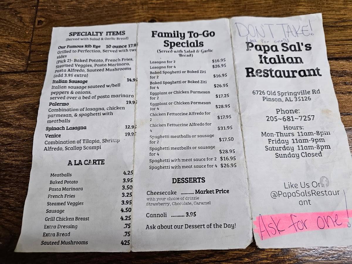 Menu at Papa Sal's Italian Restaurant, Pinson