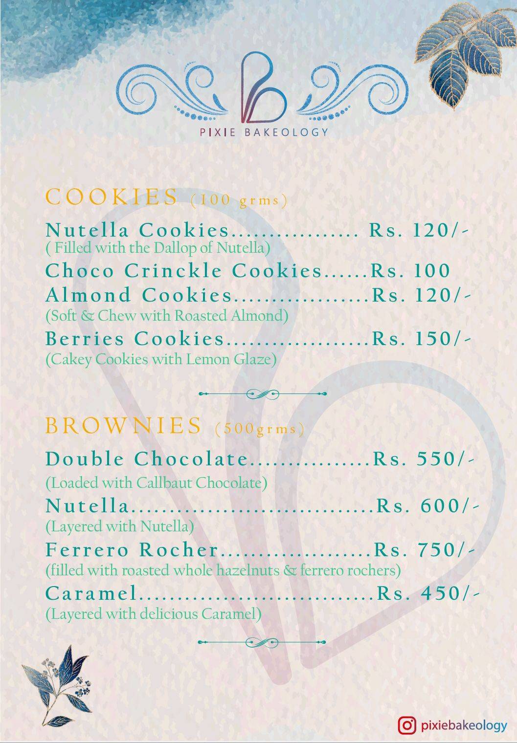 Menu at Pixie bakeology, Secunderabad