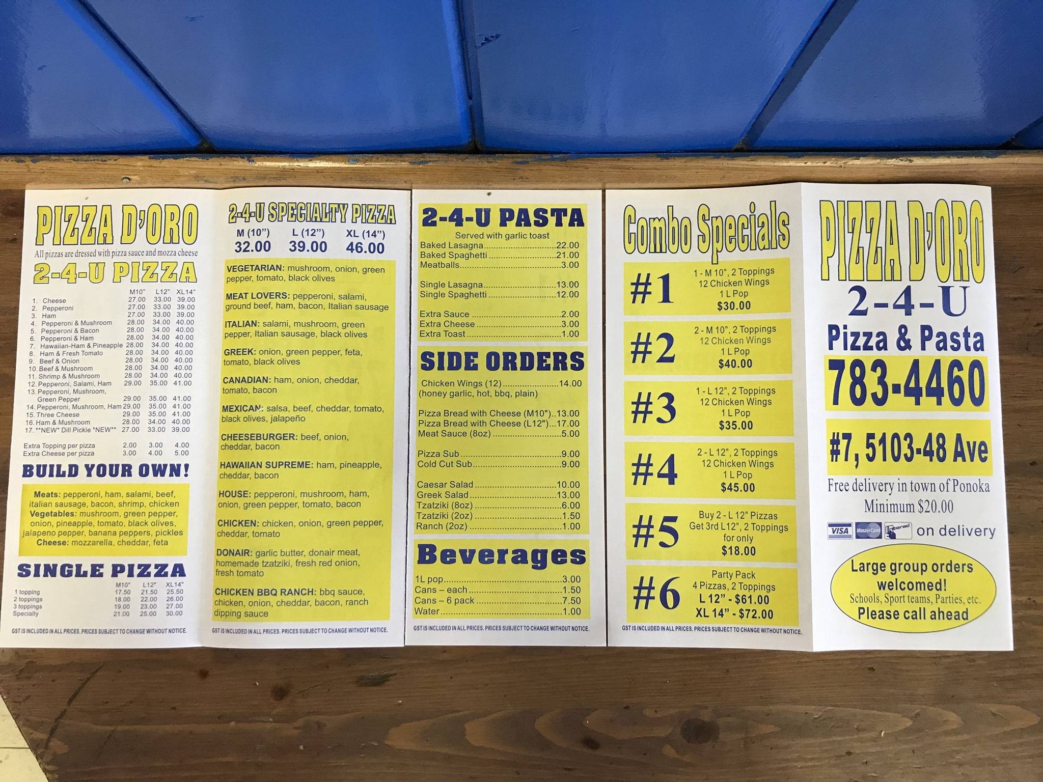 Menu at Pizza D'oro Pizza & Pasta pizzeria, Ponoka