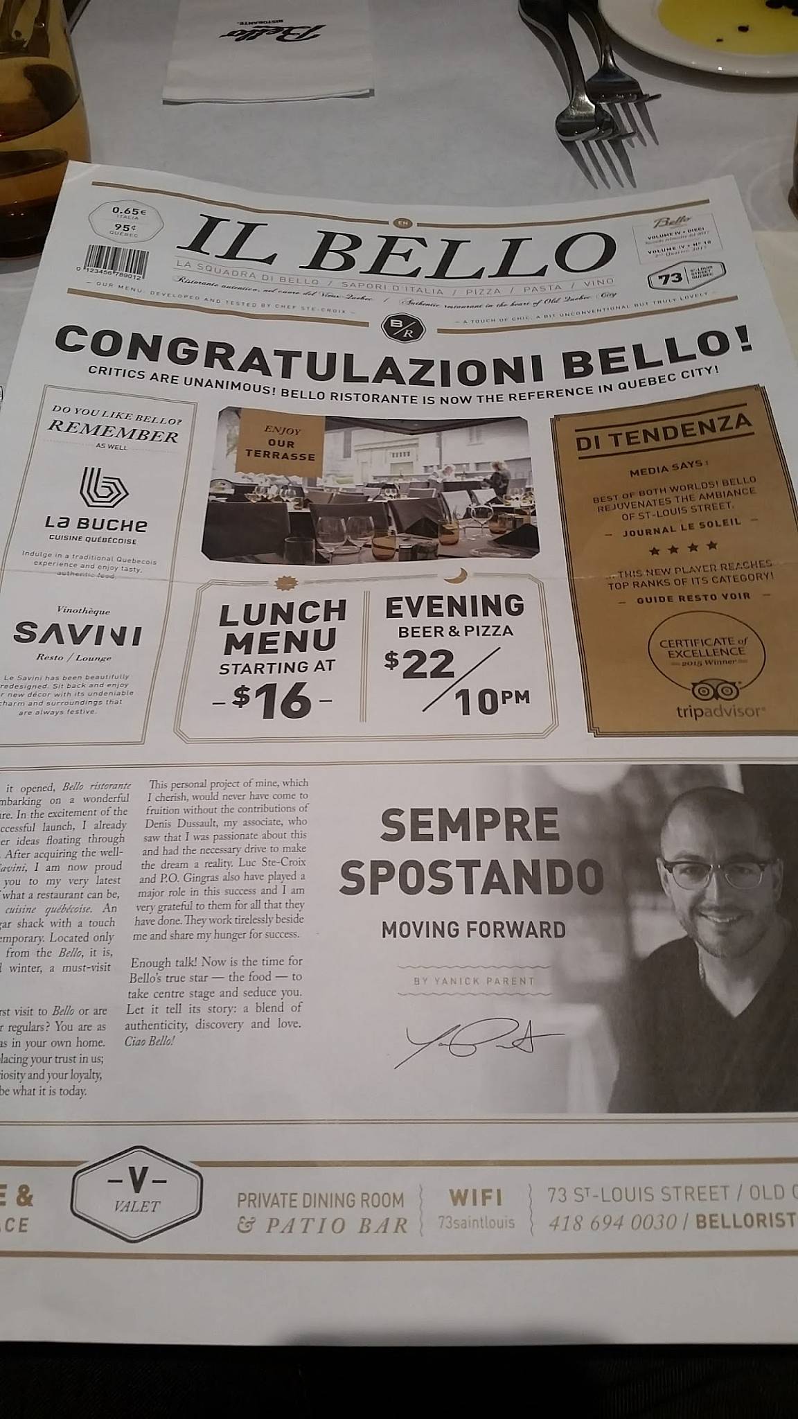 Menu au Bello Ristorante pizzeria, Québec