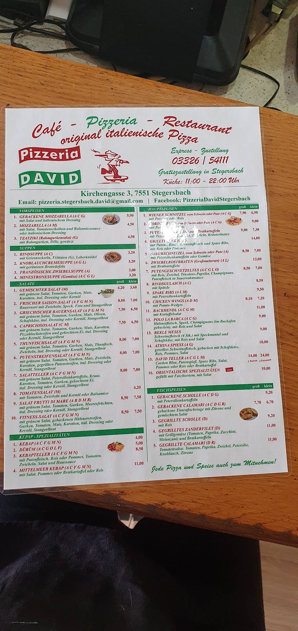 Speisekarte von Pizzeria David, Stegersbach