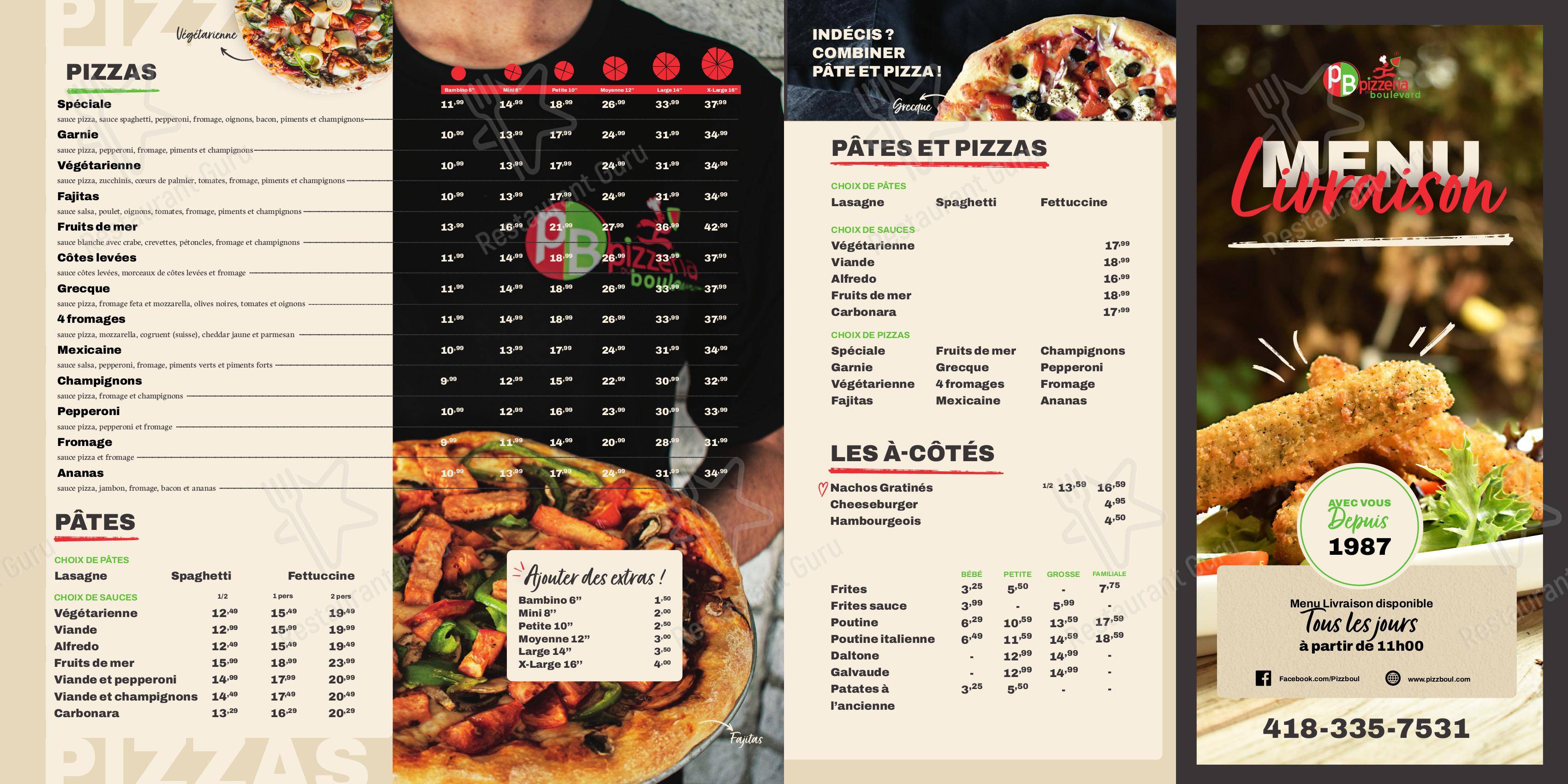 Menu au Pizzeria Du Boulevard, Thetford Mines