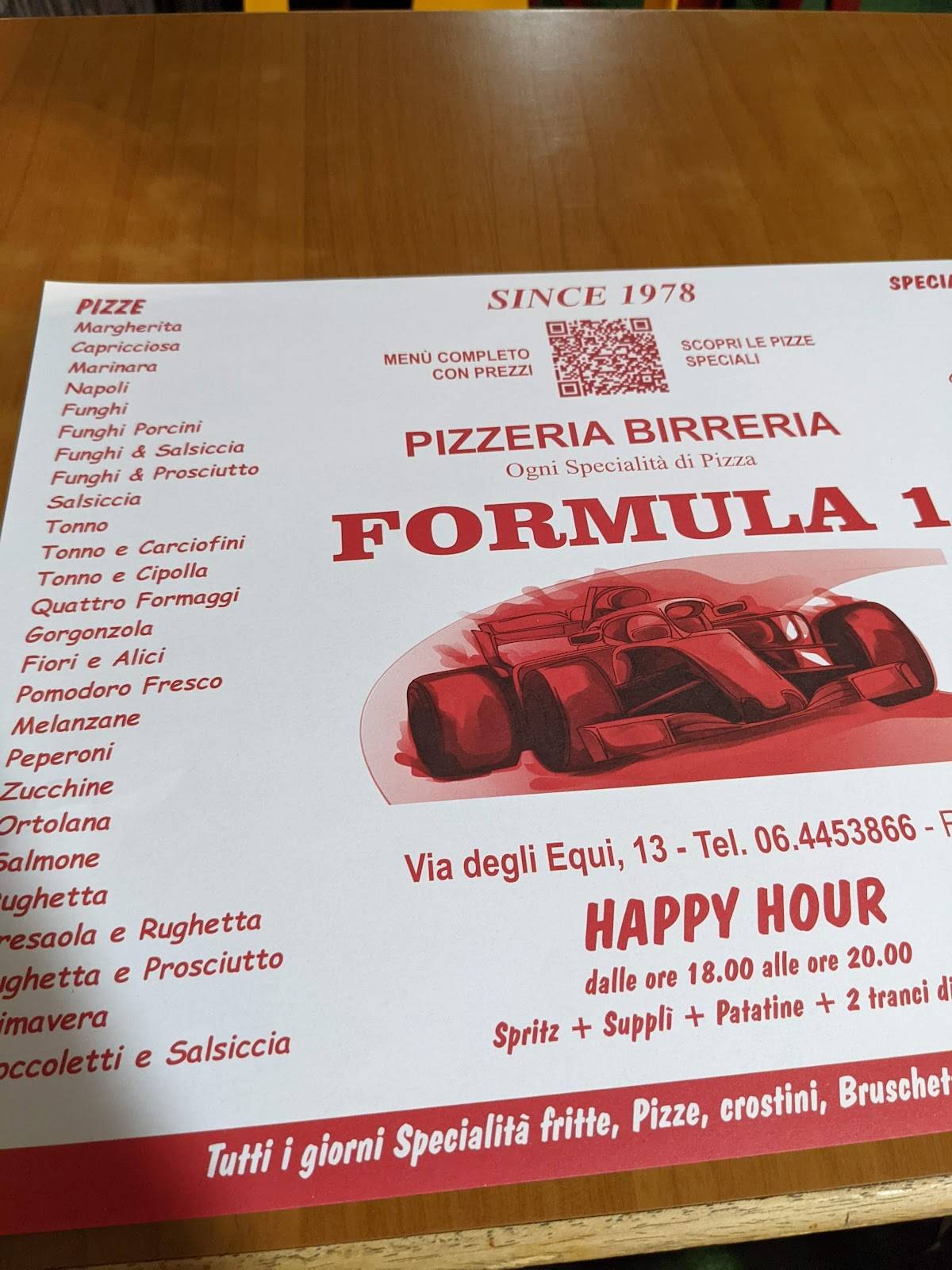 Speisekarte von Pizzeria Formula 1, ROM