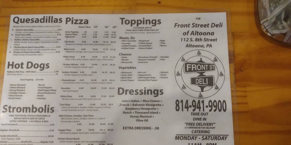Menu at Front Street Deli pizzeria, Altoona, 112 S 8th St