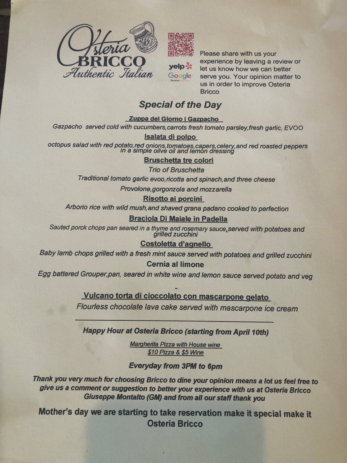 Menu at Osteria Bricco pizzeria, Seminole