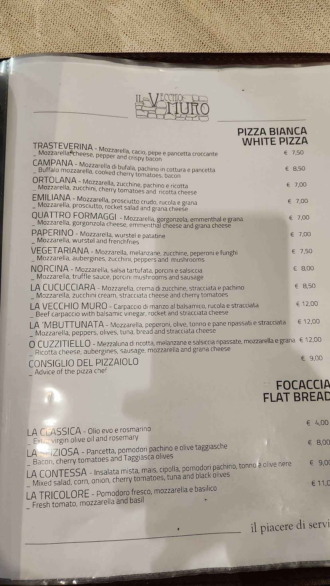 Menu at Pizzeria Ristorante Il Vecchio Muro, Sulmona