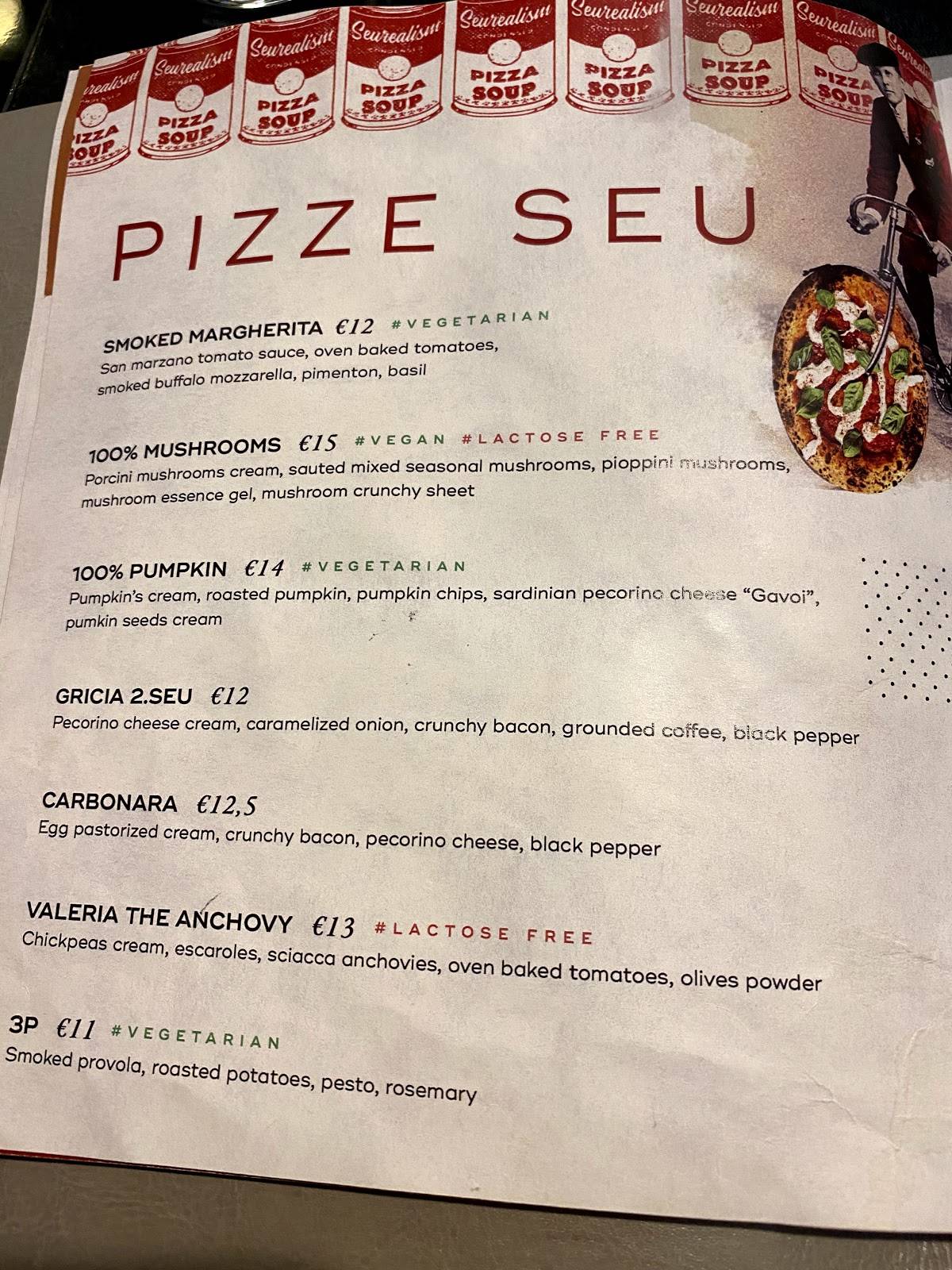 Carta de pizzería Seu Pizza Illuminati, Roma