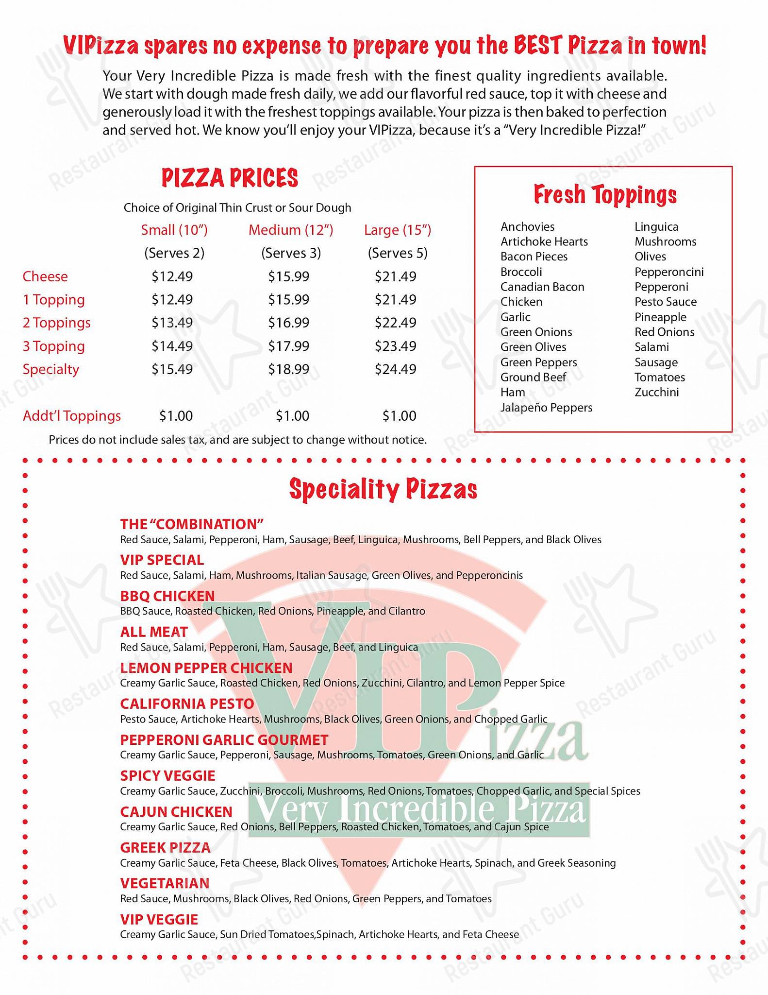 Меню пиццерии Vip Pizza, Стоктон