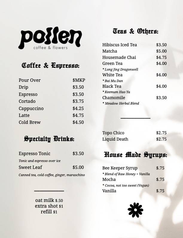 Menu at Pollen Coffee + Flower Shop, Asheville