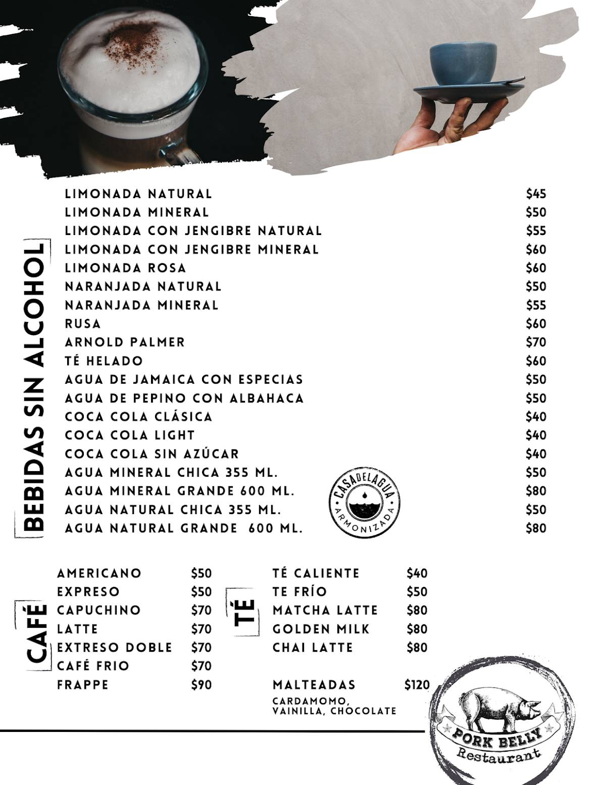 Menu at Pork Belly restaurant, San Miguel de Allende