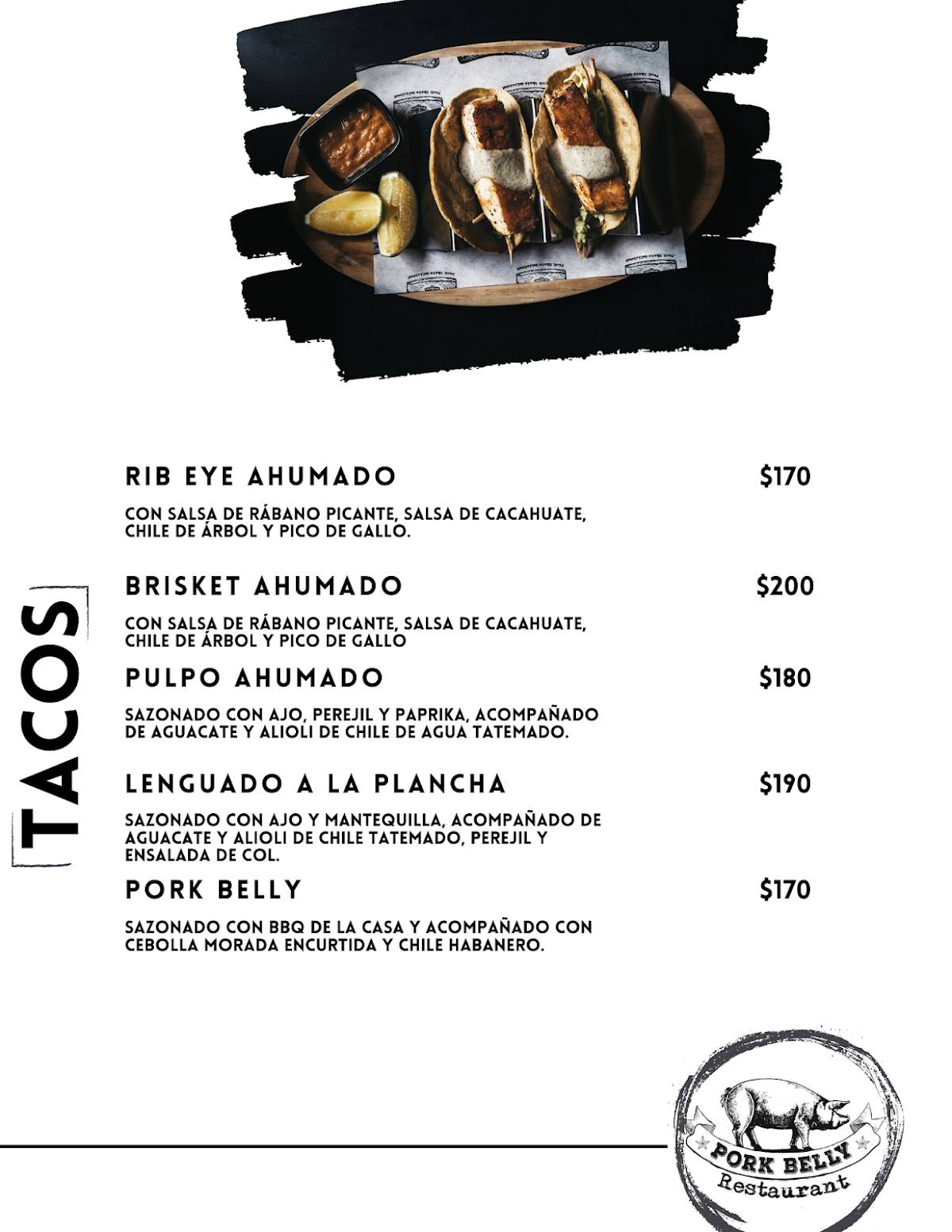 Menu at Pork Belly restaurant, San Miguel de Allende
