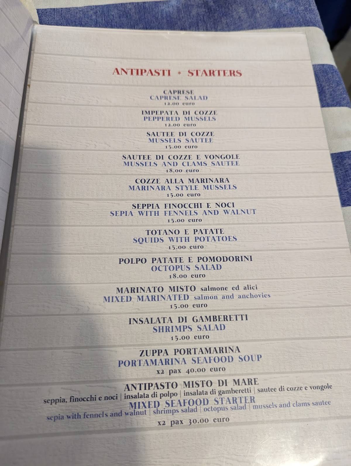Menu at Porta Marina Seafood restaurant, Sorrento, Via Marina Grande