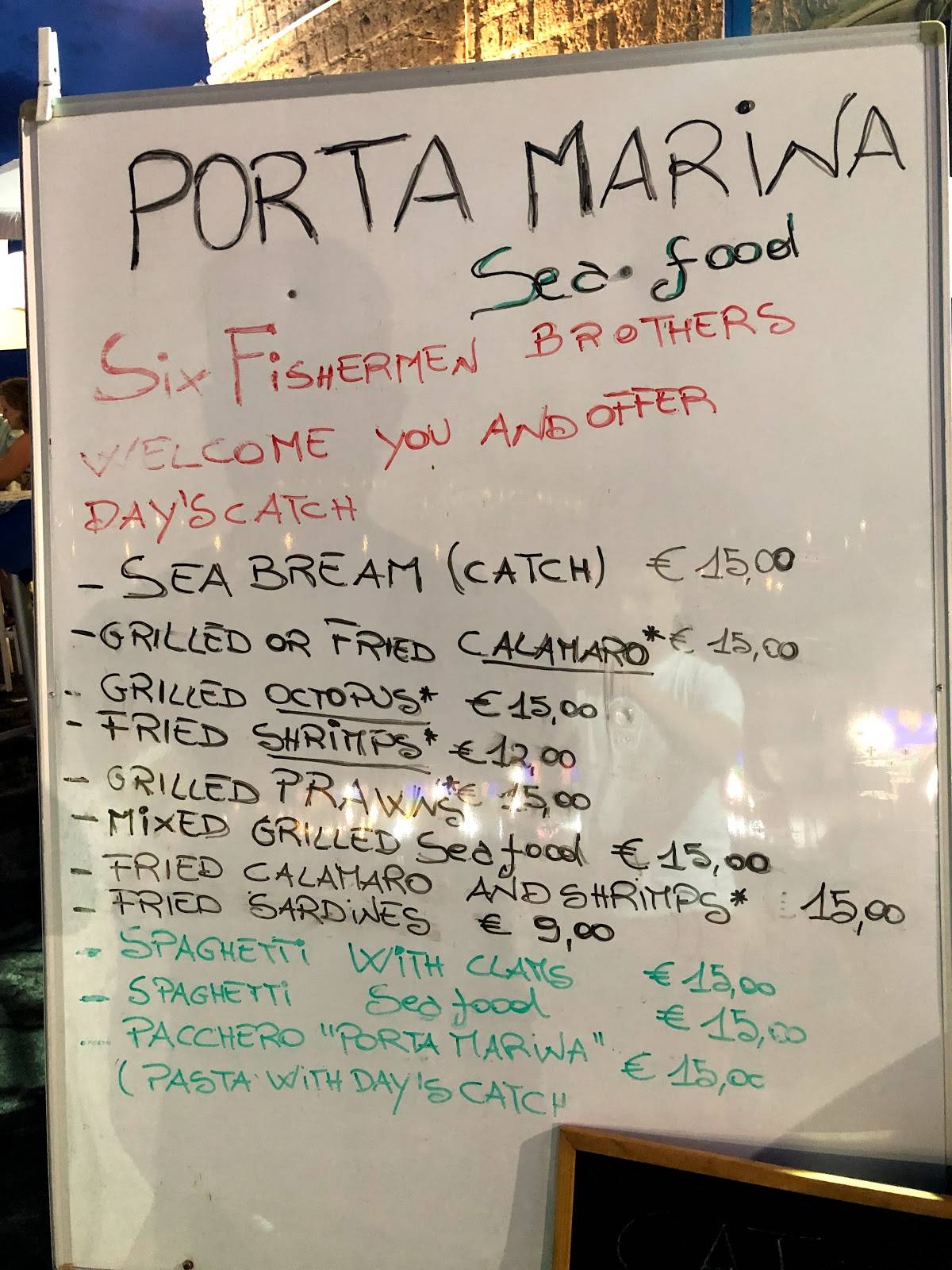 Menu at Porta Marina Seafood restaurant, Sorrento, Via Marina Grande
