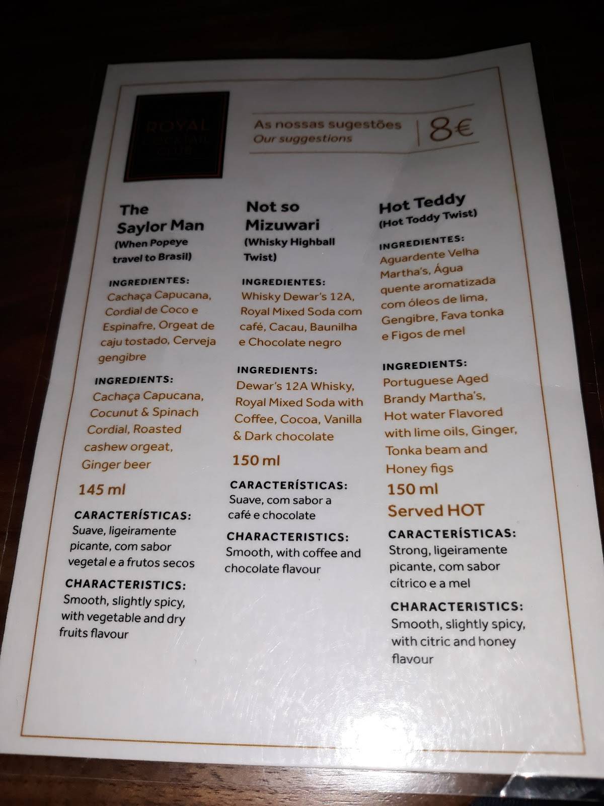 Menu at THE ROYAL COCKTAIL CLUB, Porto