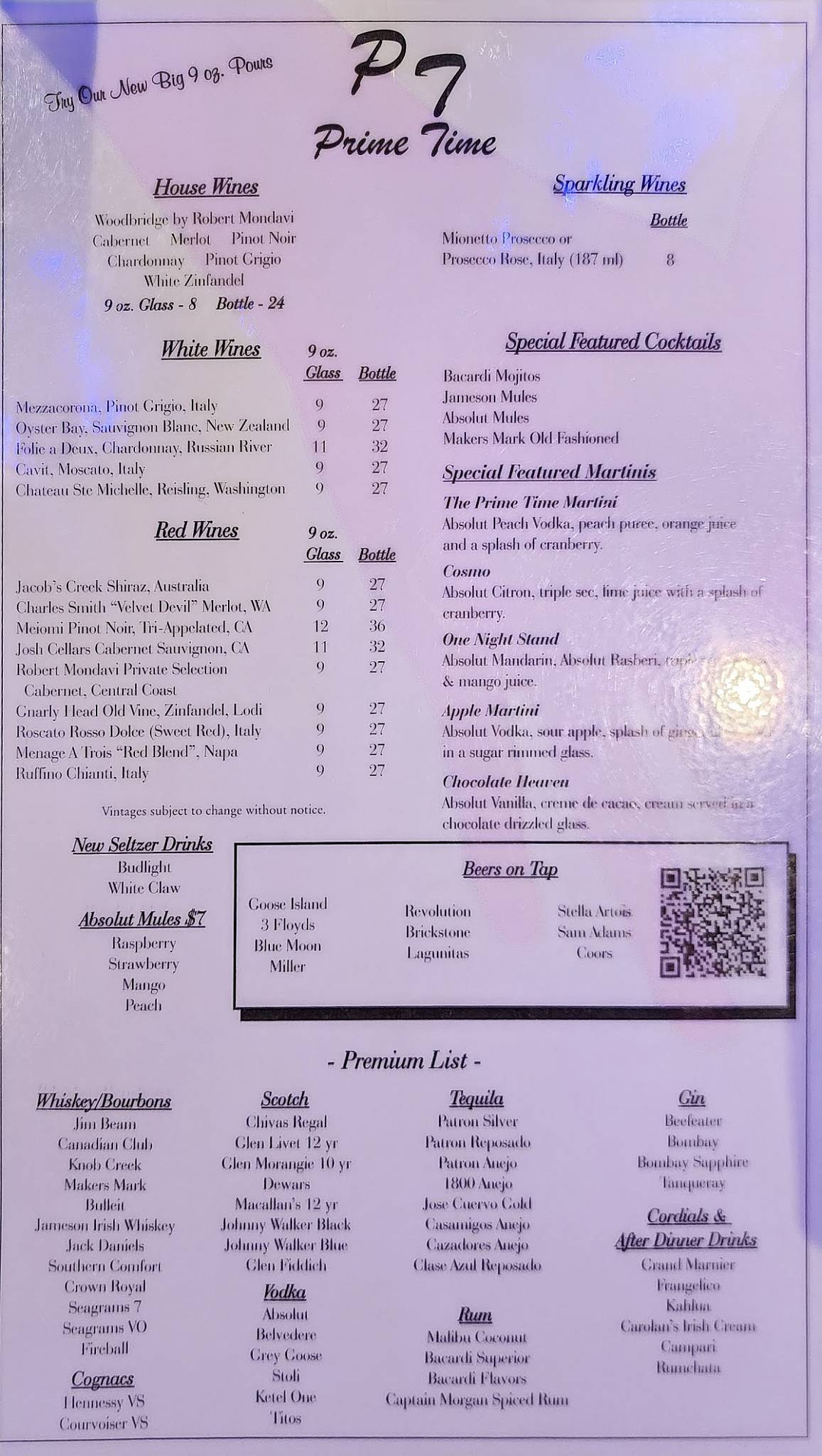 Menu at Prime Time Restaurant, Hickory Hills
