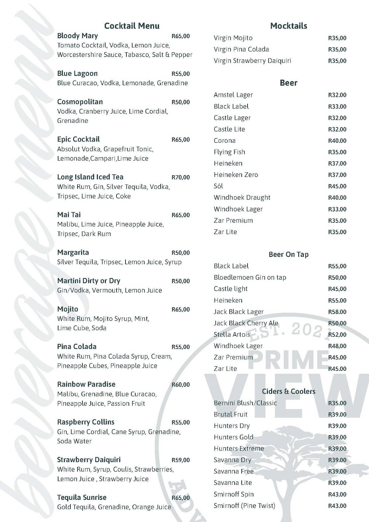 Menu at Prime View Adventure & Leisure restaurant, Olifantsfontein