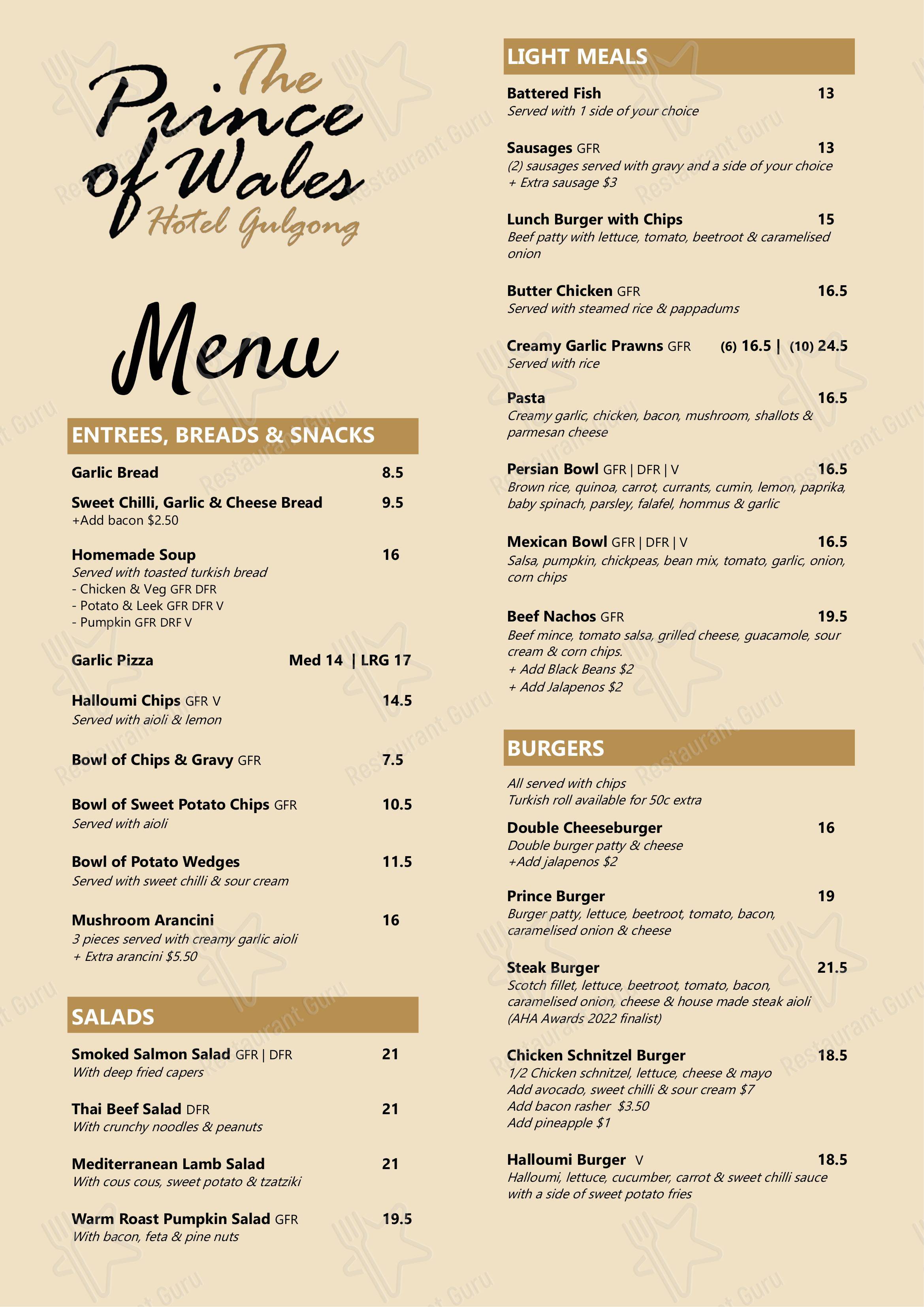 Menu at Prince Of Wales Hotel pub & bar, Gulgong