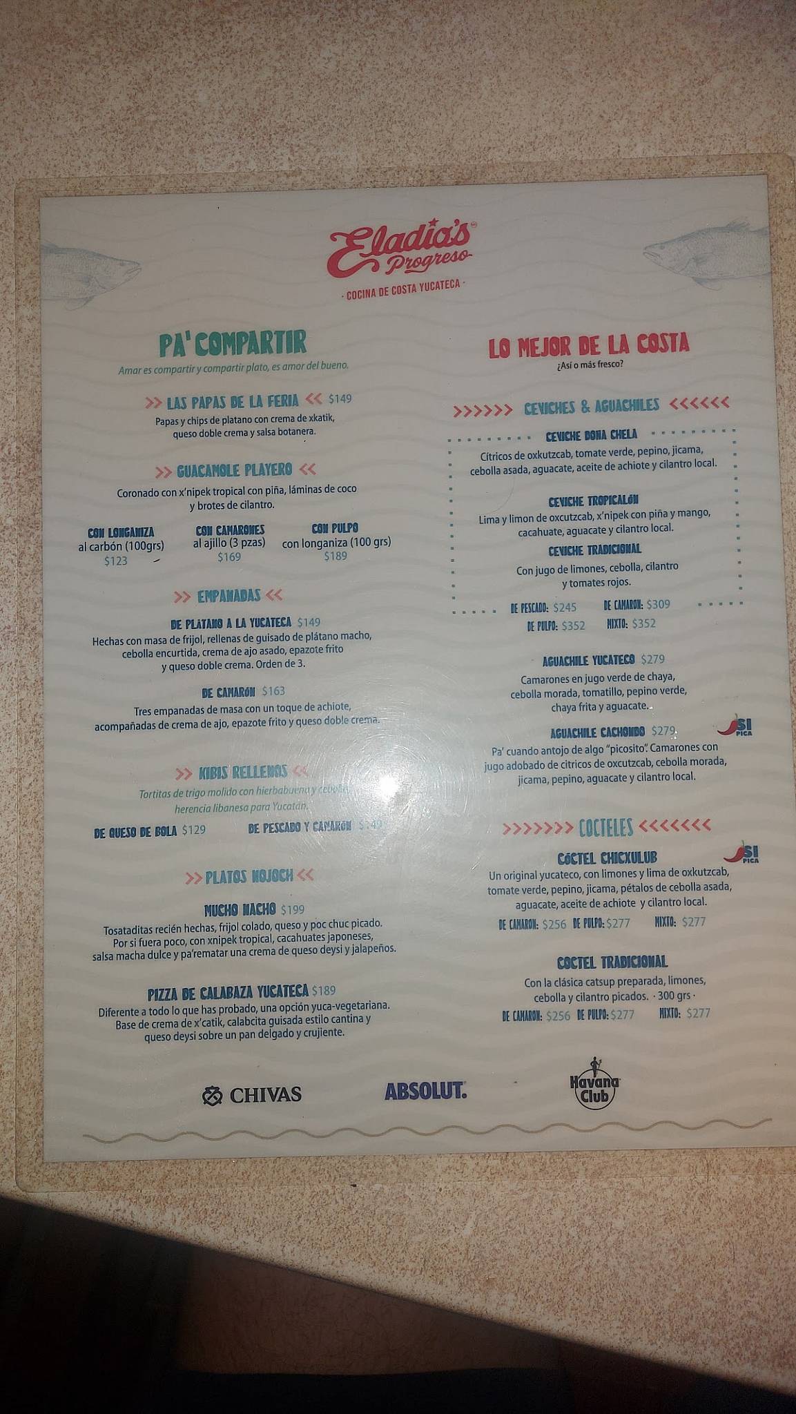 Menu at Eladio's Bar Progreso, Progreso