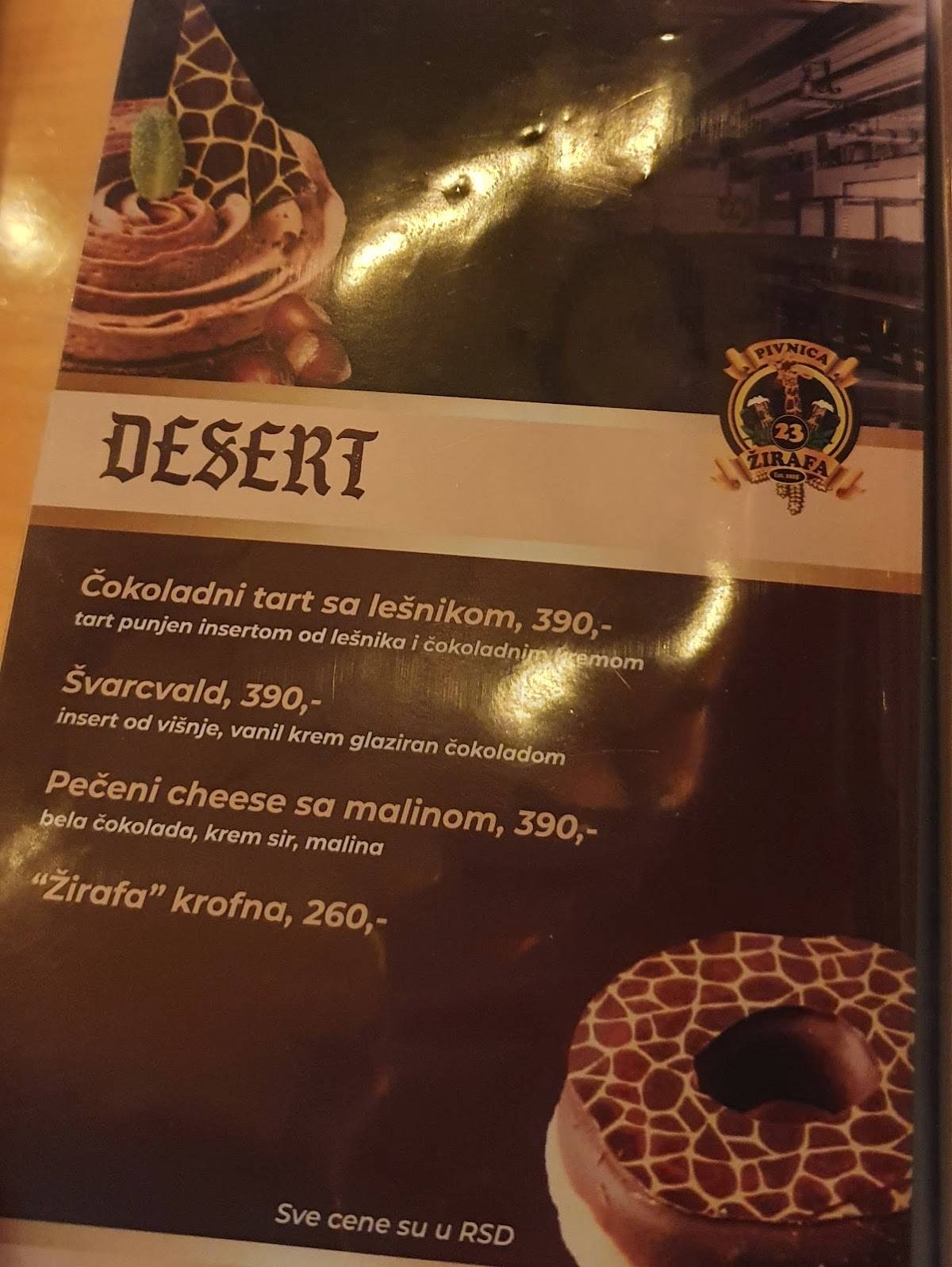 Menu at Pub Zirafa 23, Belgrade, Jasenicka Street
