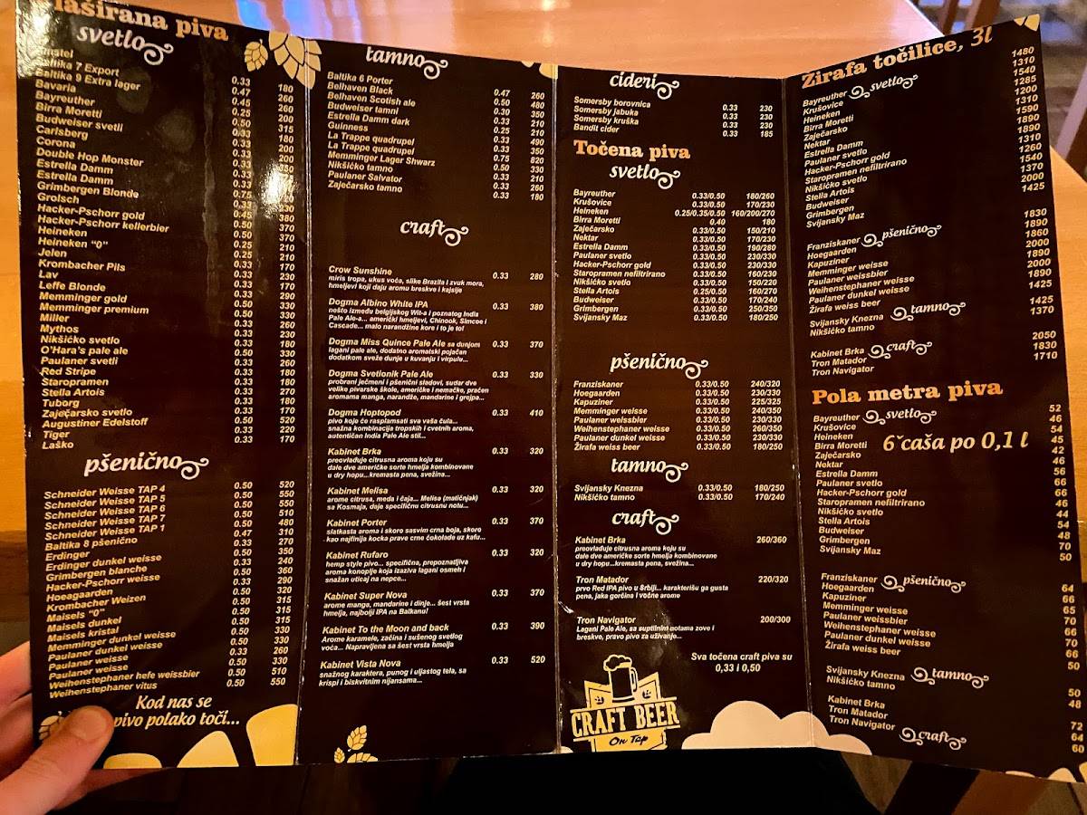 Menu at Pub Zirafa 23, Belgrade, Jasenicka Street