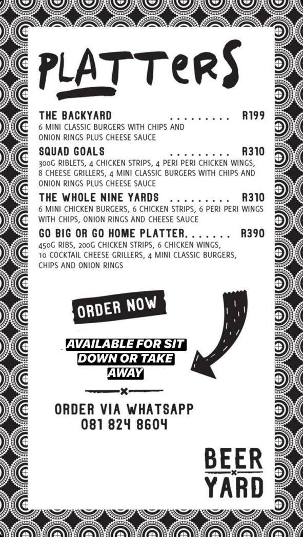 Menu at Beer Yard pub & bar, Port Elizabeth