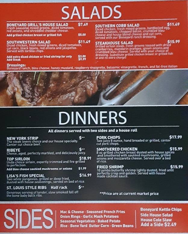 Menu at Boneyard Grill pub & bar, Madison