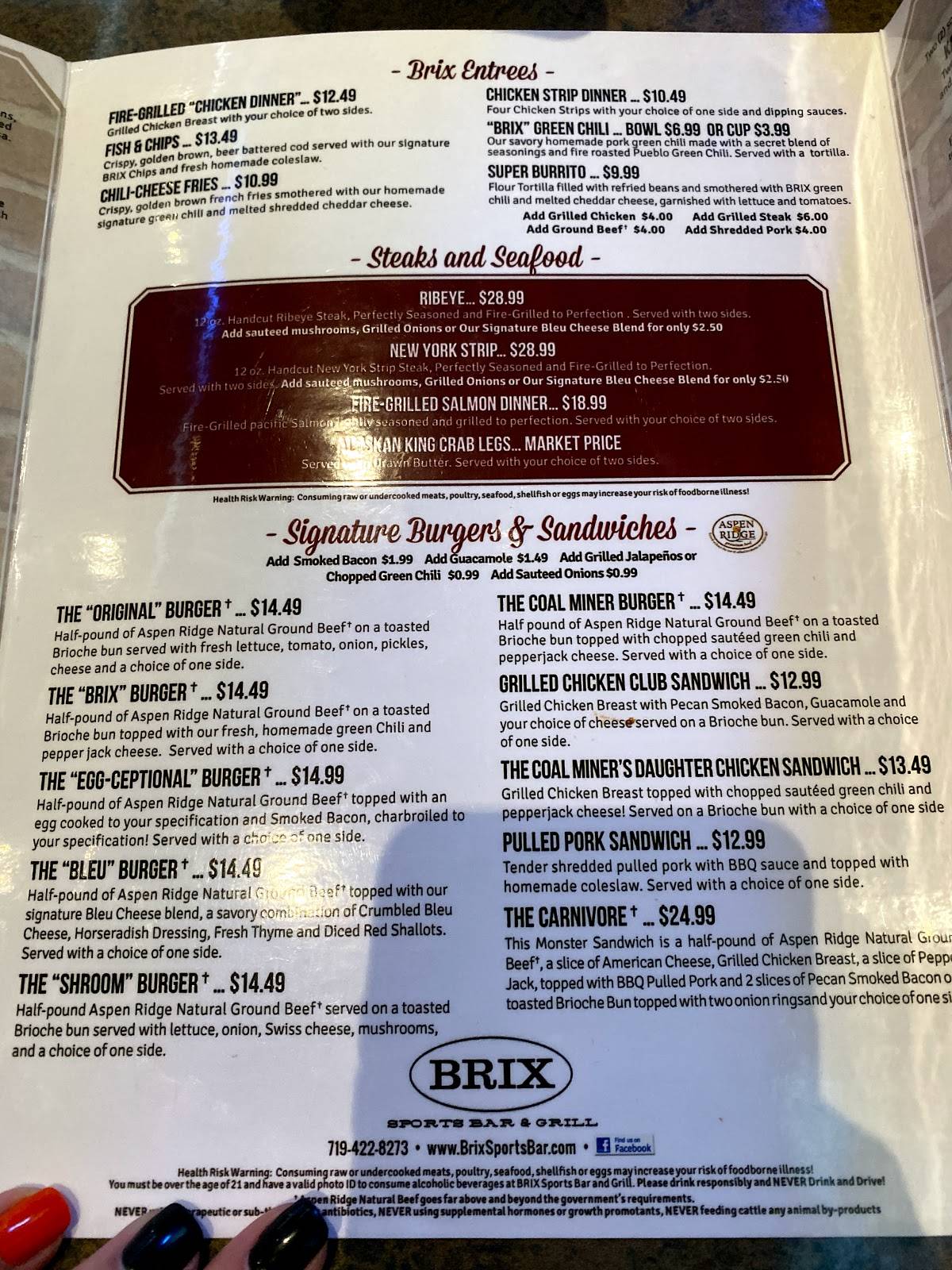 Menu at Brix Sports Bar & Grill, Trinidad