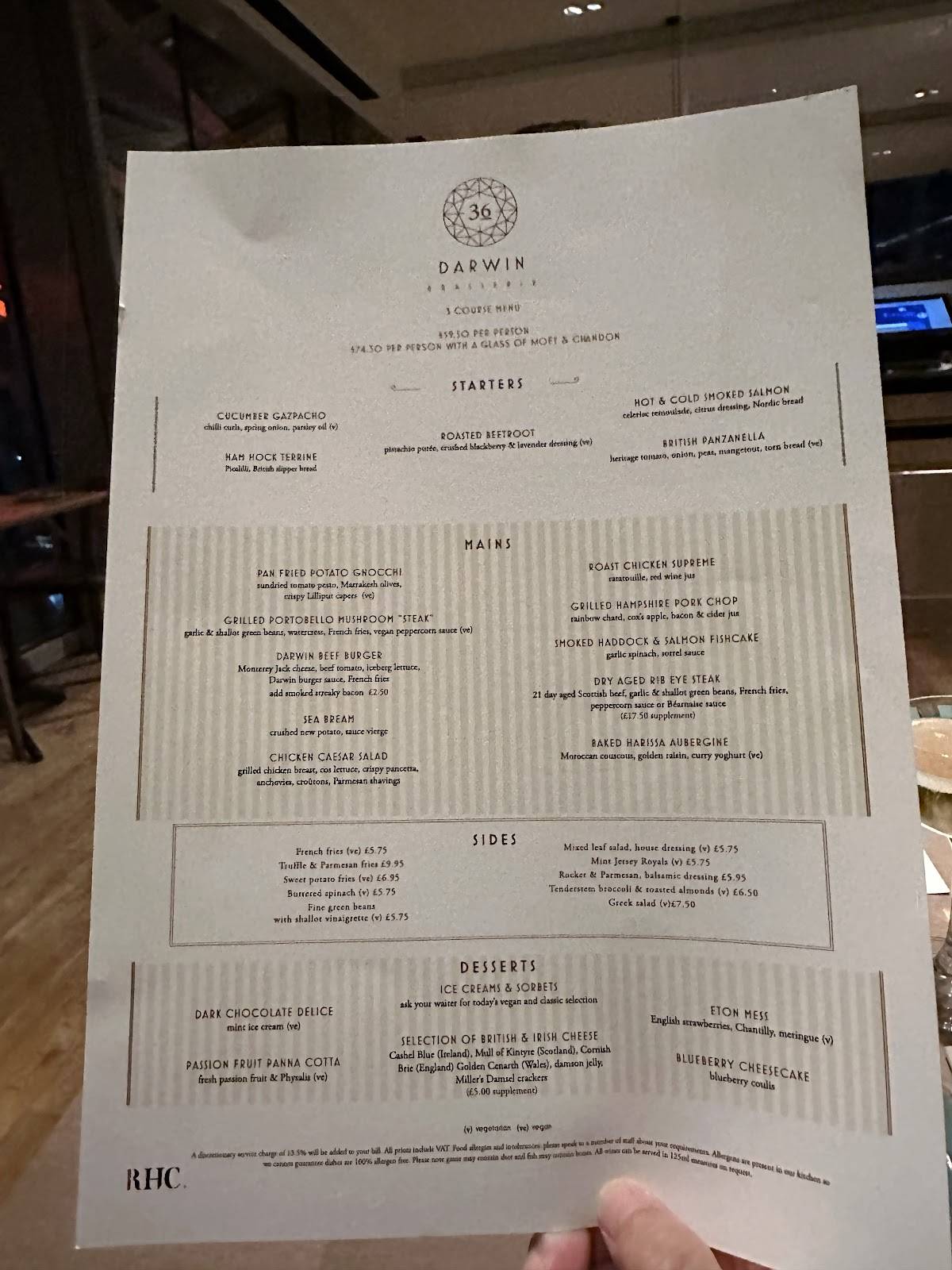 Menu at Darwin Brasserie pub & bar, London, Level 36