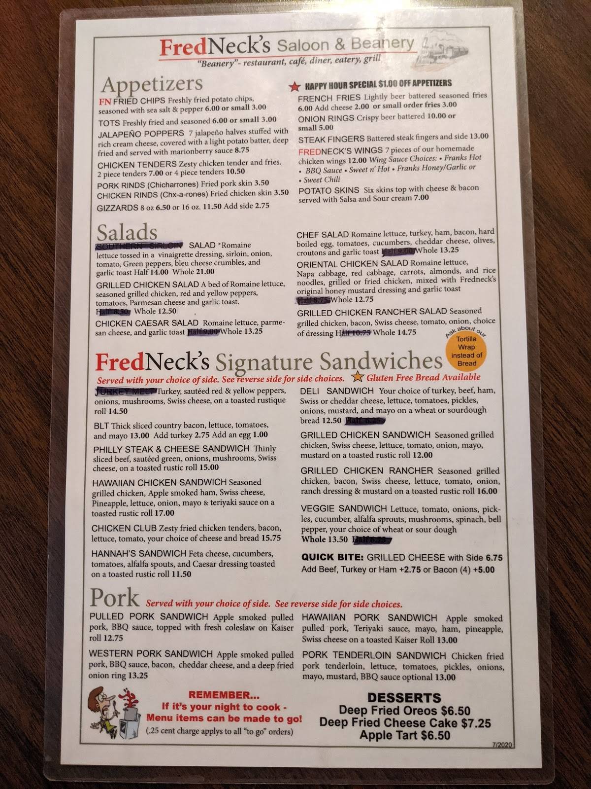 Menu at Fredneck's Saloon and Beanery pub & bar, Rockford