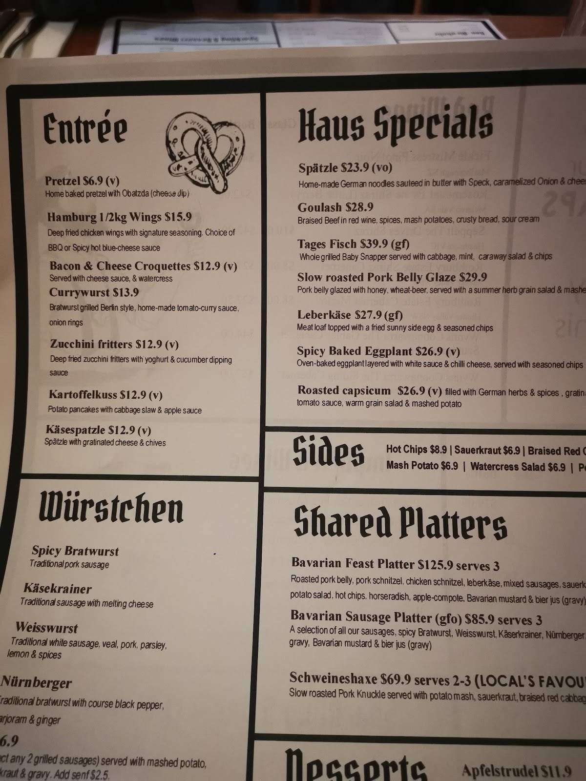 Menu at German Club Tivoli, Windsor