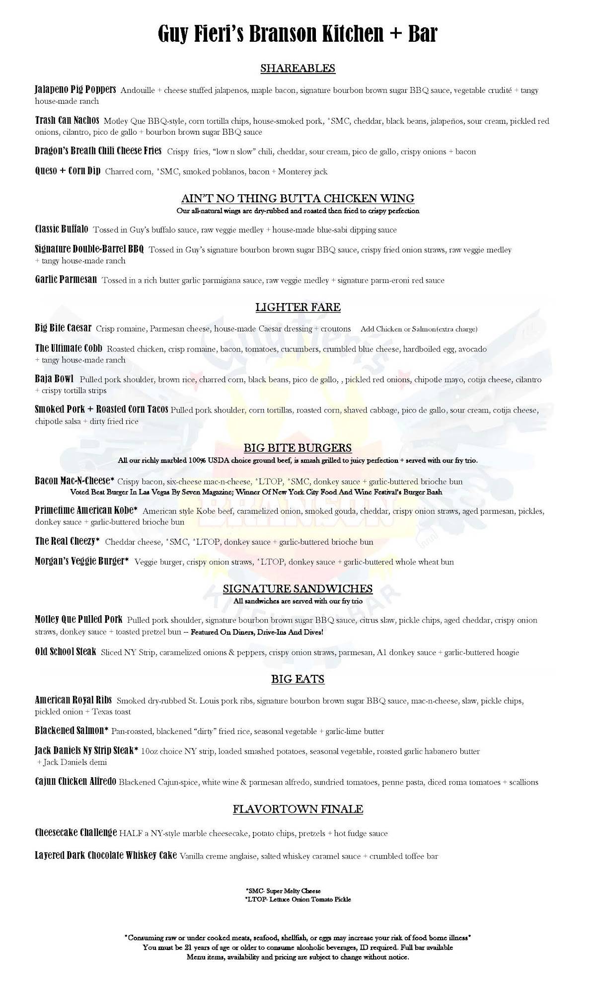 Menu at Guy Fieri's Branson Kitchen + Bar, Branson, 100 Branson Landing ...