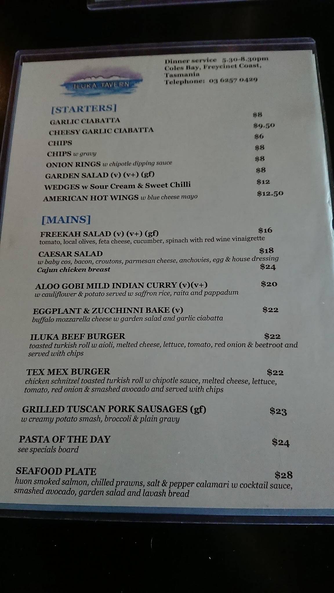Menu at Iluka Tavern pub & bar, Coles Bay