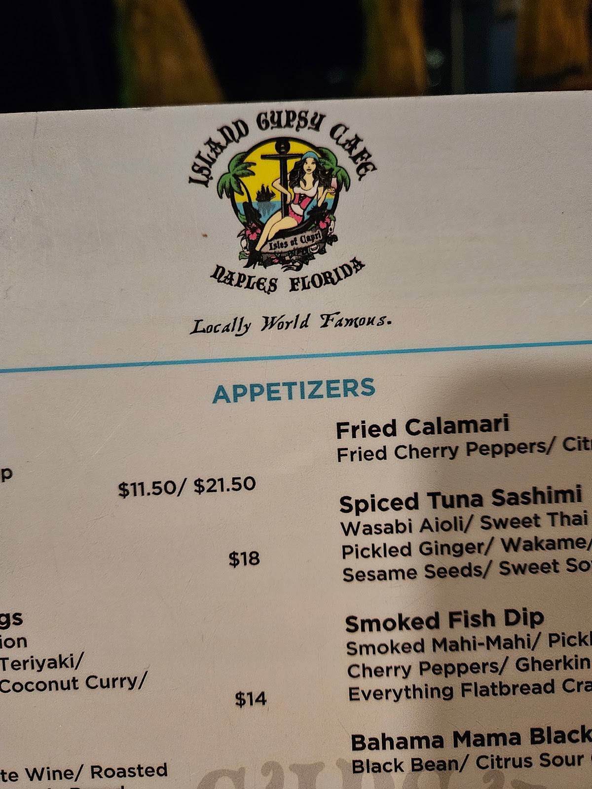 Menu at Island Gypsy Cafe & Marina Bar, Marco Island, 292 Capri Blvd