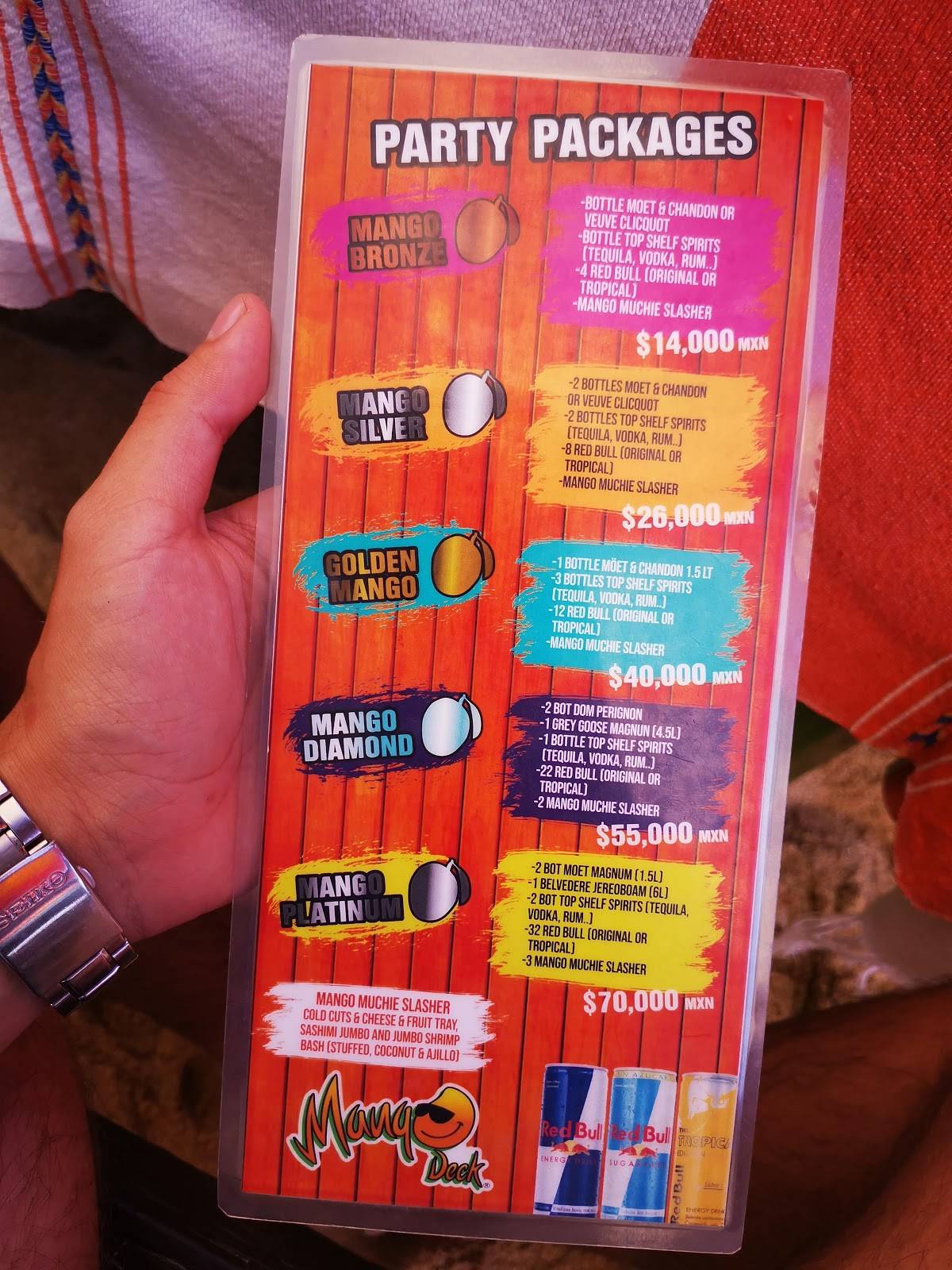 Menu at Mango Deck pub & bar, Cabo San Lucas, Playa El Medano S/N