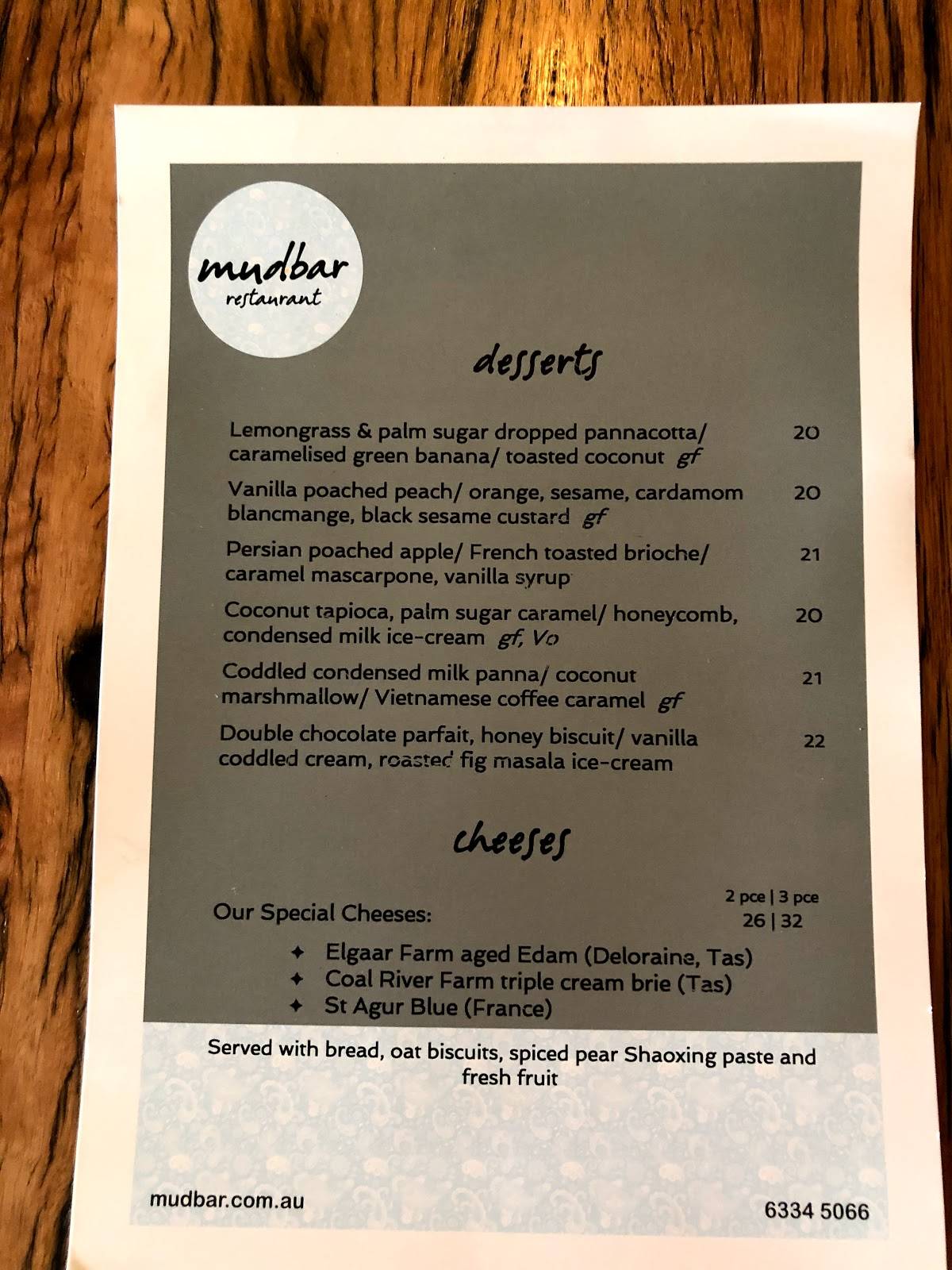 Menu at Mudbar Restaurant, Launceston