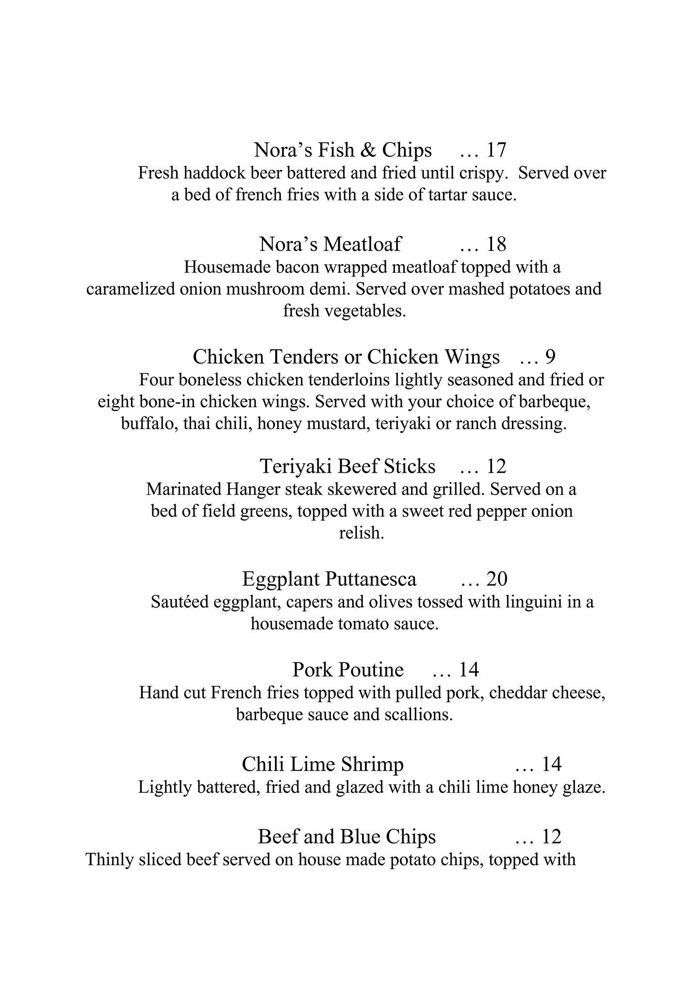 Menu at Nora's pub & bar, Southwick