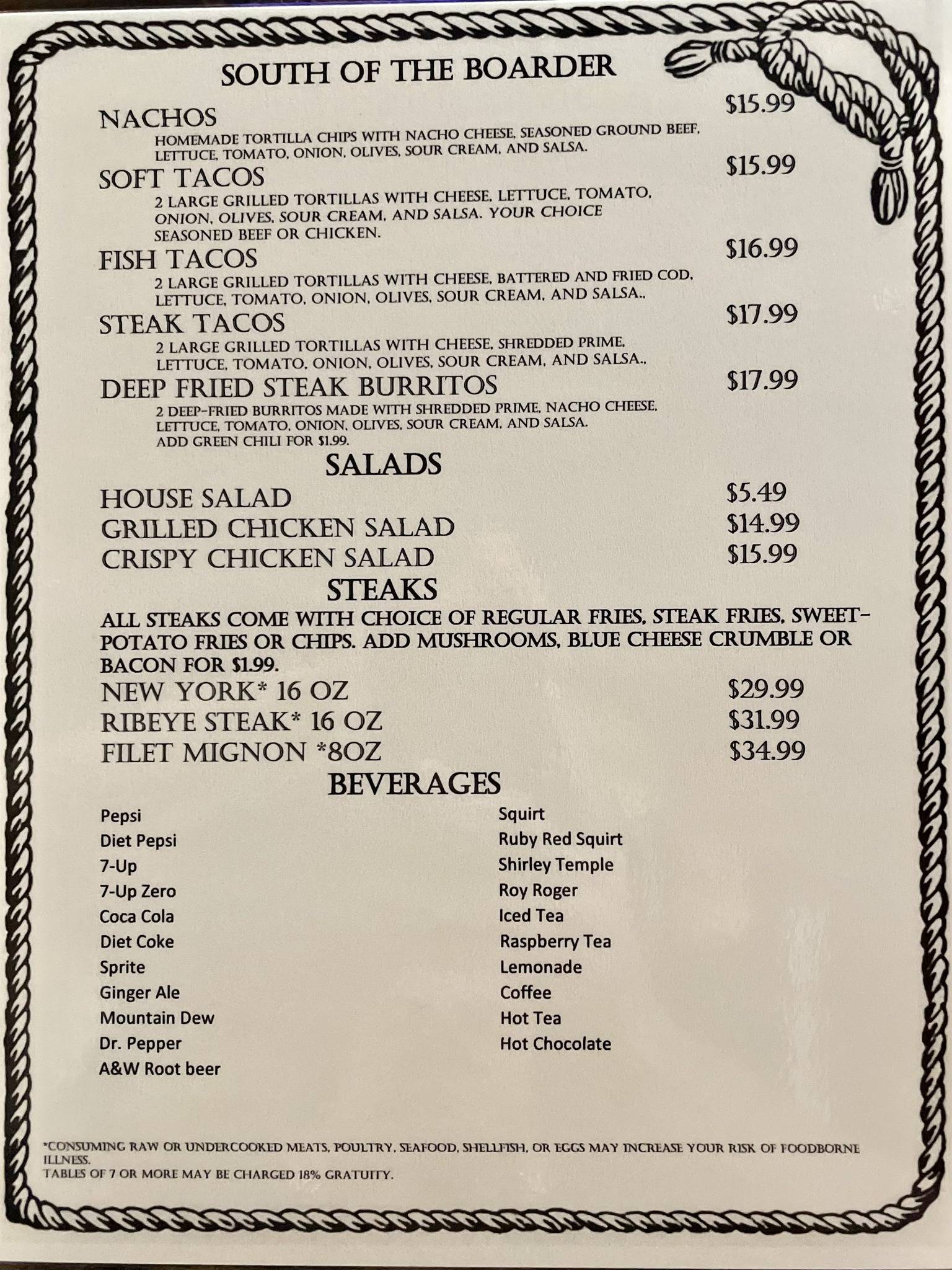 Menu at Old Western Saloon, Steakhouse & Liquor Store, Glendo