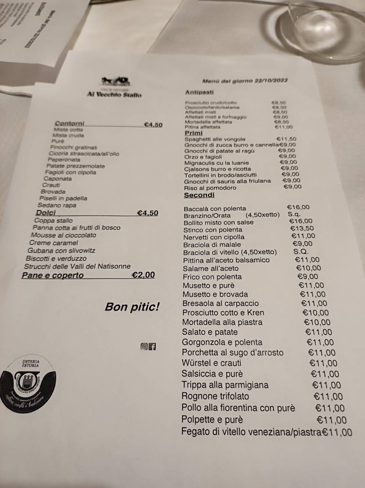 Speisekarte von Osteria Al Vecchio Stallo pub & Bar, Udine