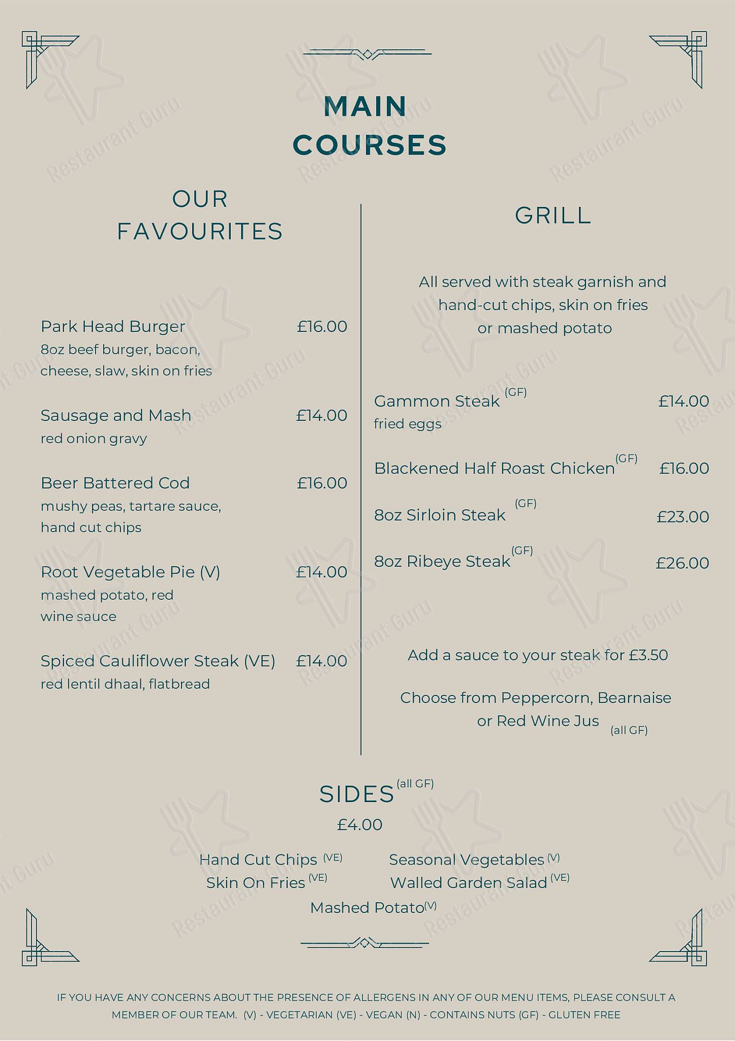 Menu at The Oak Room Restaurant at Park Head Hotel, Bishop Auckland