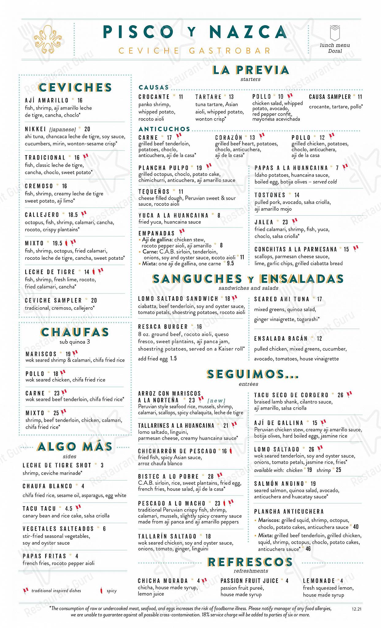 Carta de Pisco y Nazca Ceviche Gastrobar, Doral, NW 53rd St A101