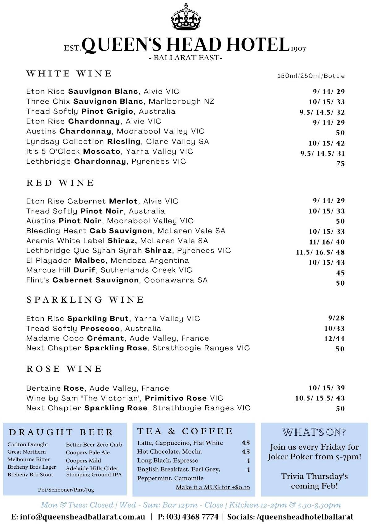 Menu at Queens Head Hotel pub & bar, Ballarat East, 146 Humffray St N