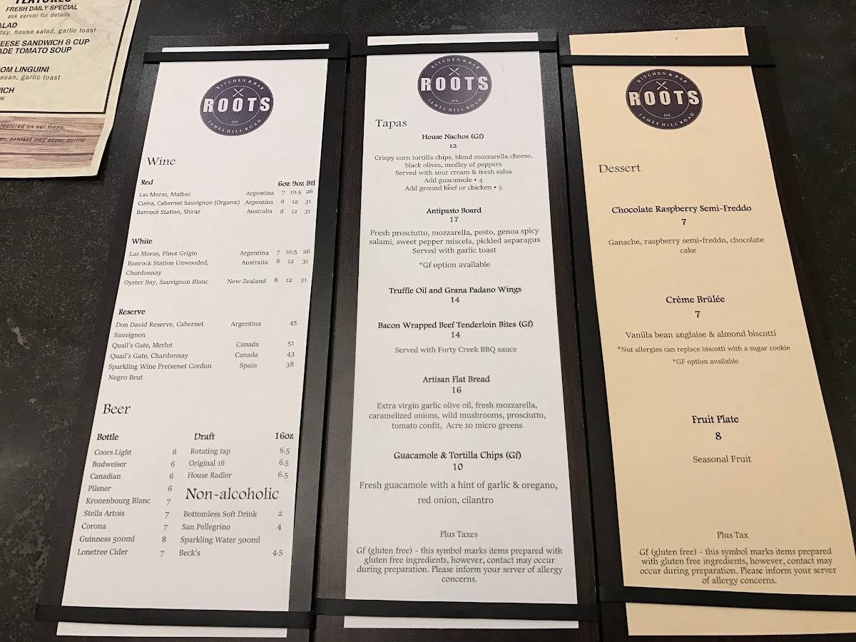 Menu at Roots Kitchen & Bar, Regina
